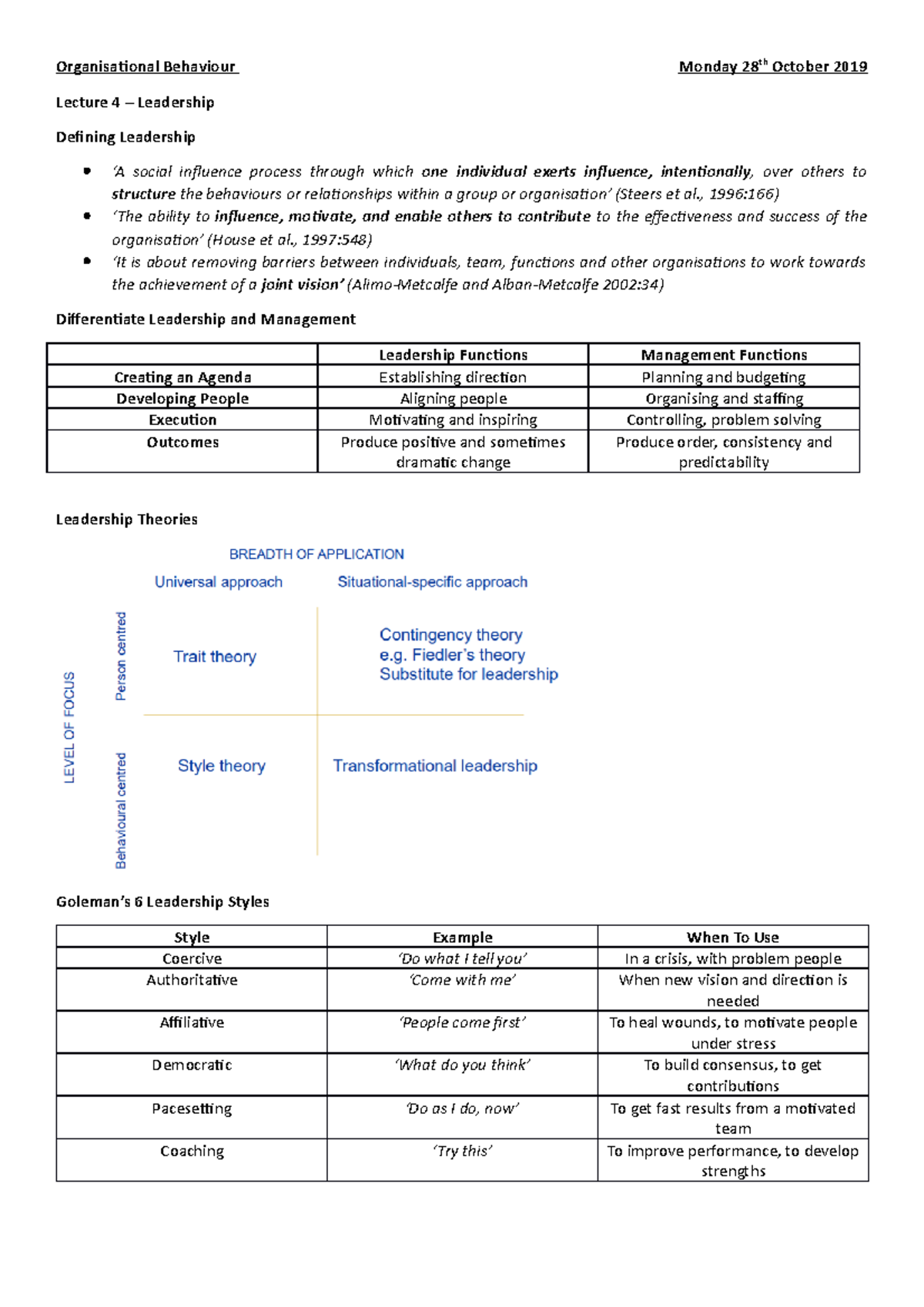 Organisational Behaviour Lecture 4 Notes - Organisational Behaviour ...