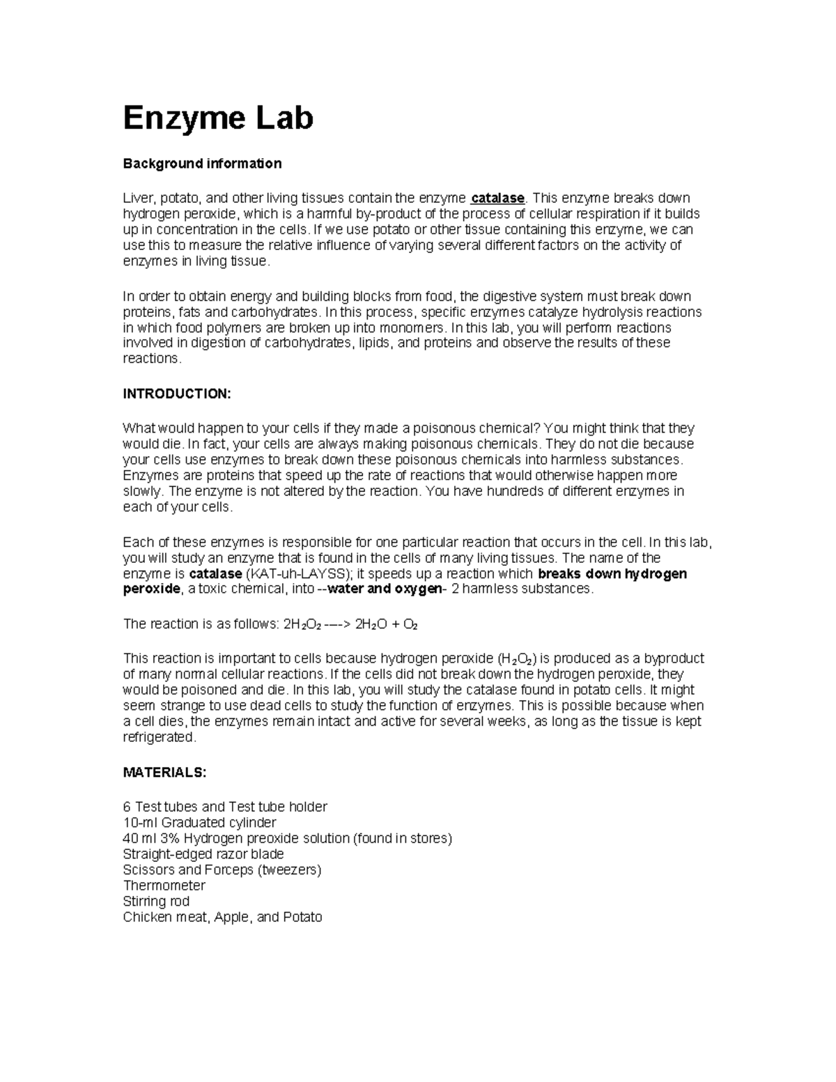 Biology Lab Work - catalase - Enzyme Lab Background information Liver ...