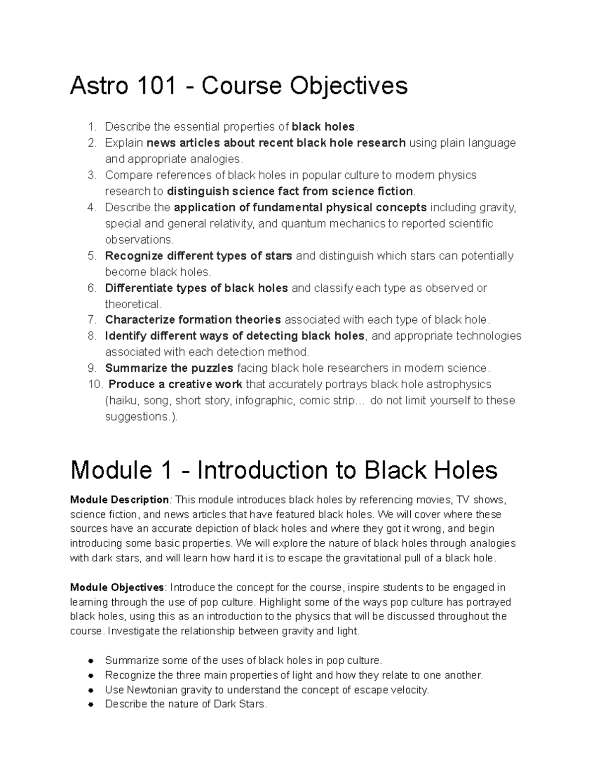 Astro - Detailed Course Objectives - Astro 101 Course Objectives 1. Describe the essential - Studocu