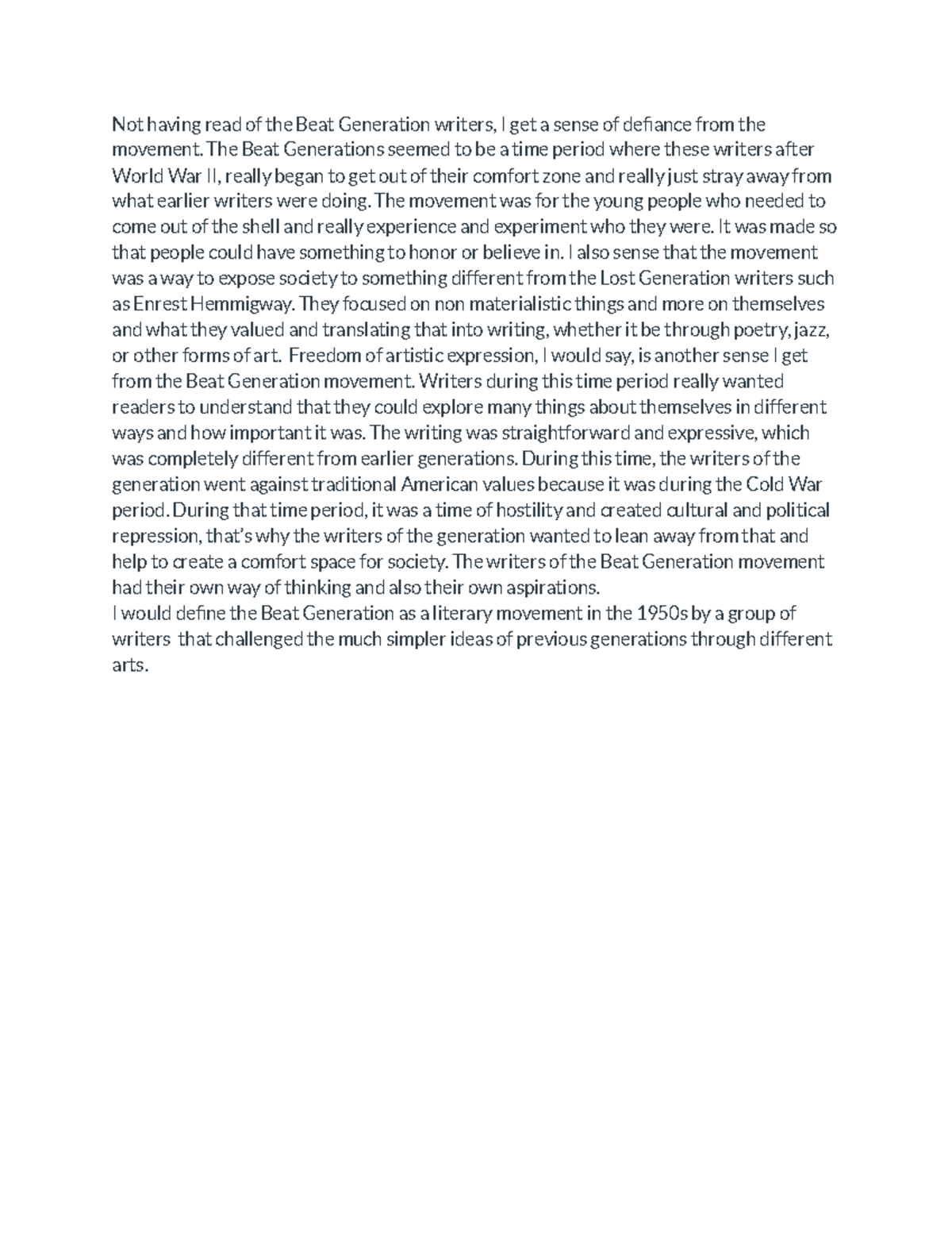 Forum 1 Beats - Summary assignment for novel - Not having read of the Beat Generation writers, I ...