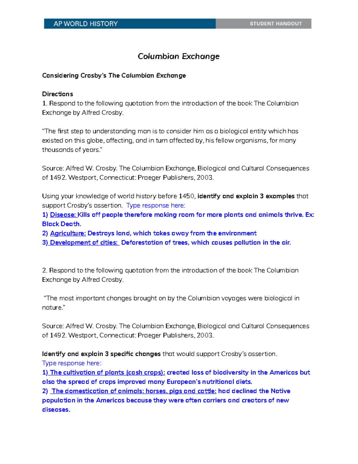 AP Pilot Columbian Exchange - Columbian Exchange Considering Crosby’s ...