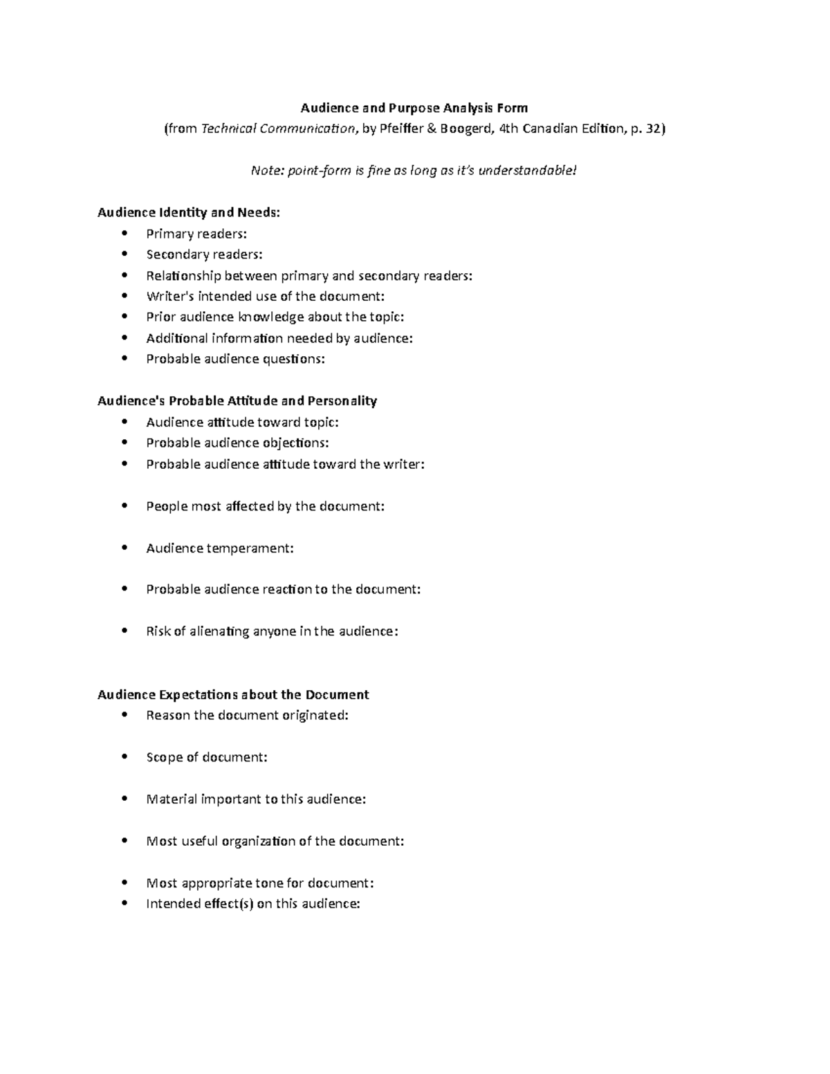 Audience and Purpose Analysis Form - 32) Note: point-form is fine as ...