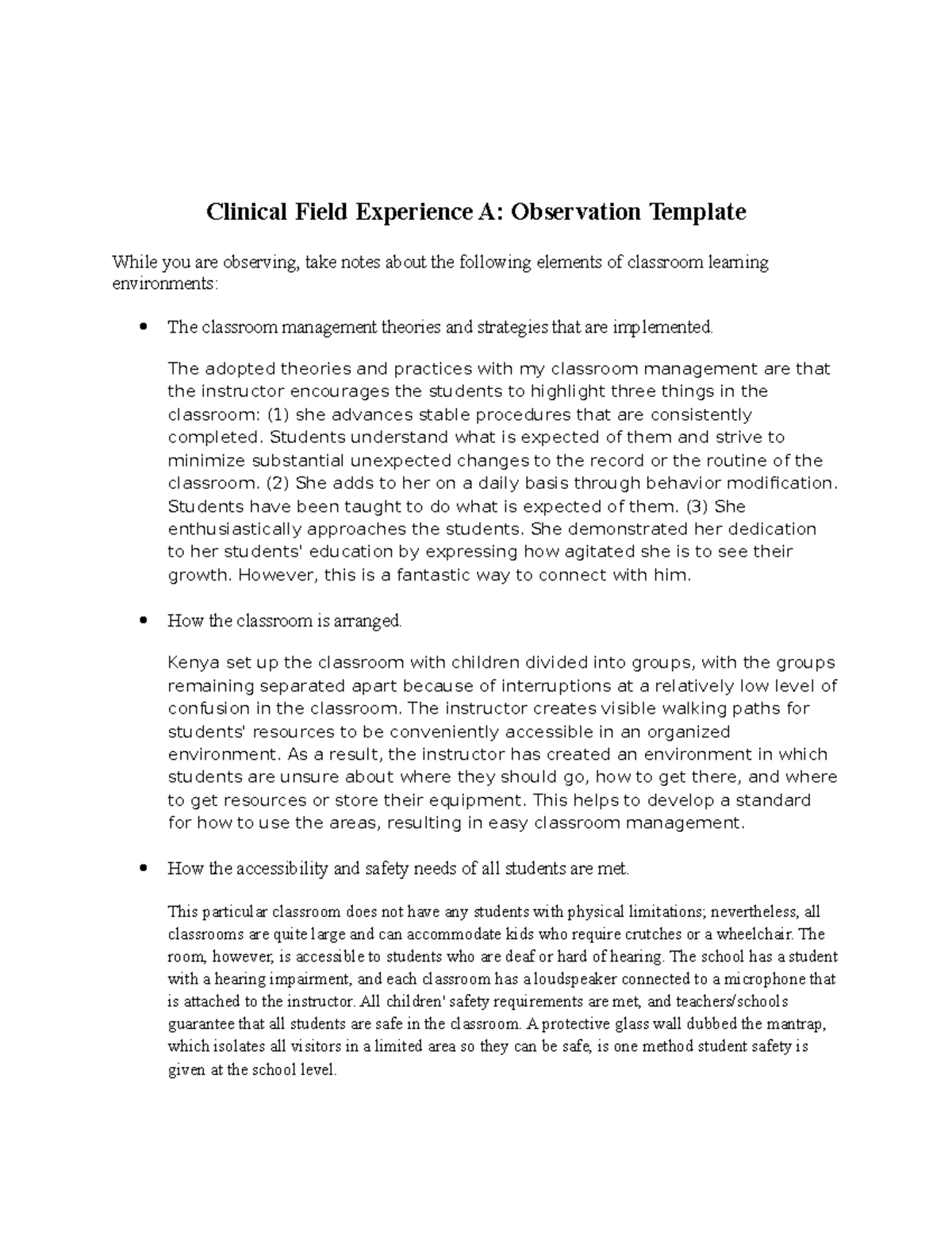 Nn - Essay - Clinical Field Experience A: Observation Template While ...