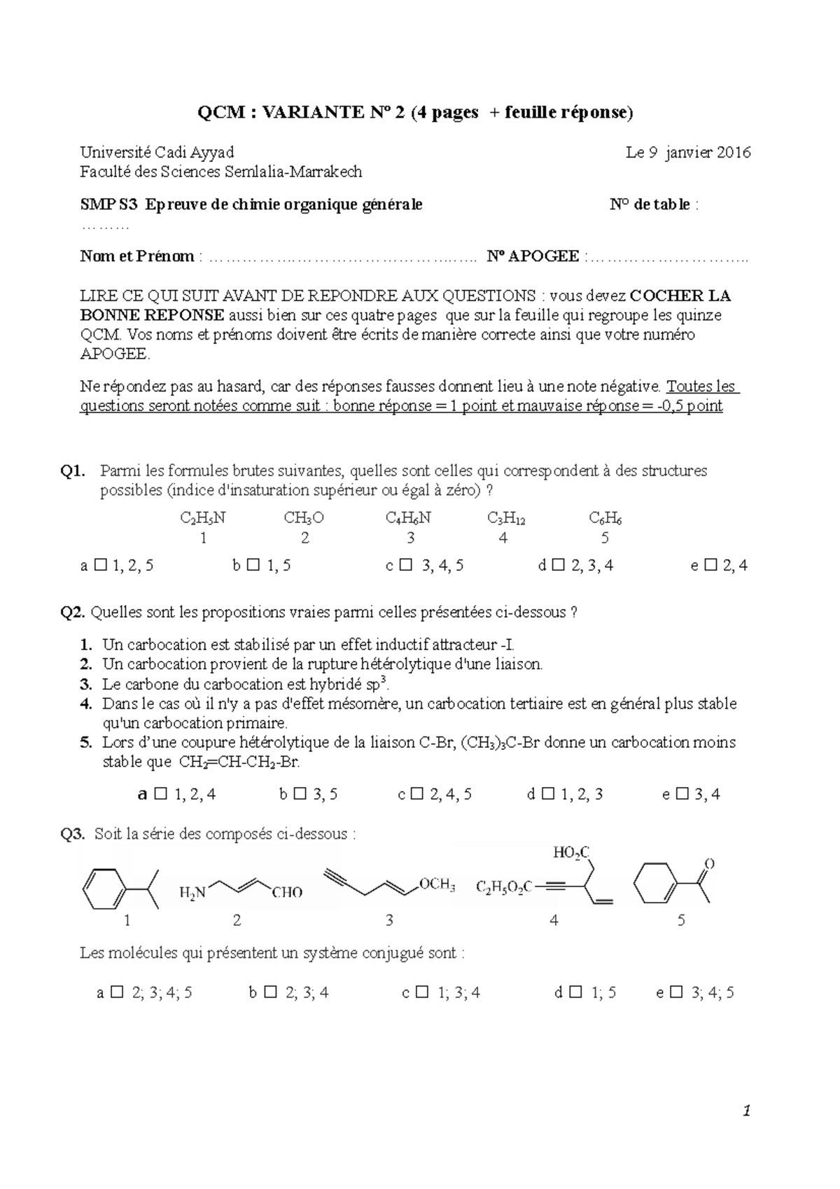 QCM variante 2 janvier 2016 - QCM : VARIANTE Nº 2 (4 pages + feuille réponse) Université Cadi ...