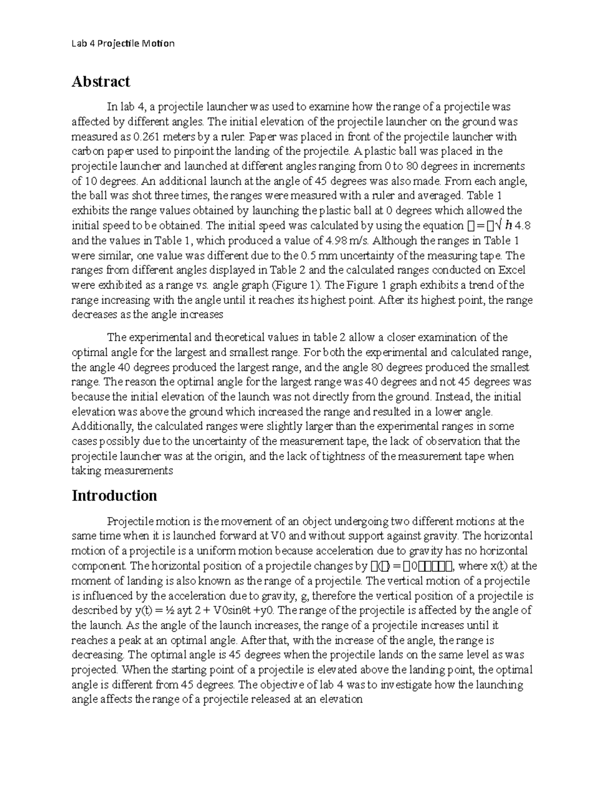Phys #7 - Lab #4 Projectile Motion (General Physics 1) - Abstract In ...