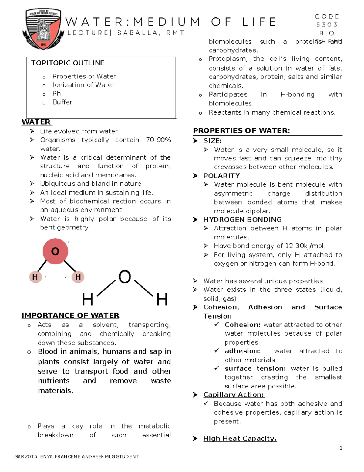 Lecture notes on water Biochemistry - WATER Life evolved from water ...