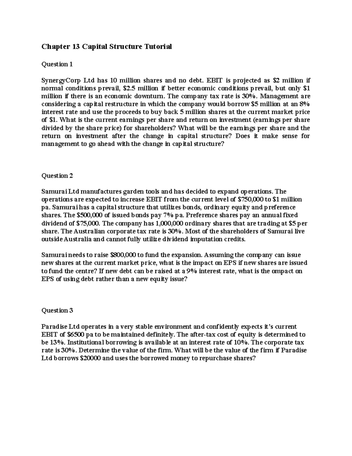 Chapter 13 questions Capital structure - Chapter 13 Capital Structure ...