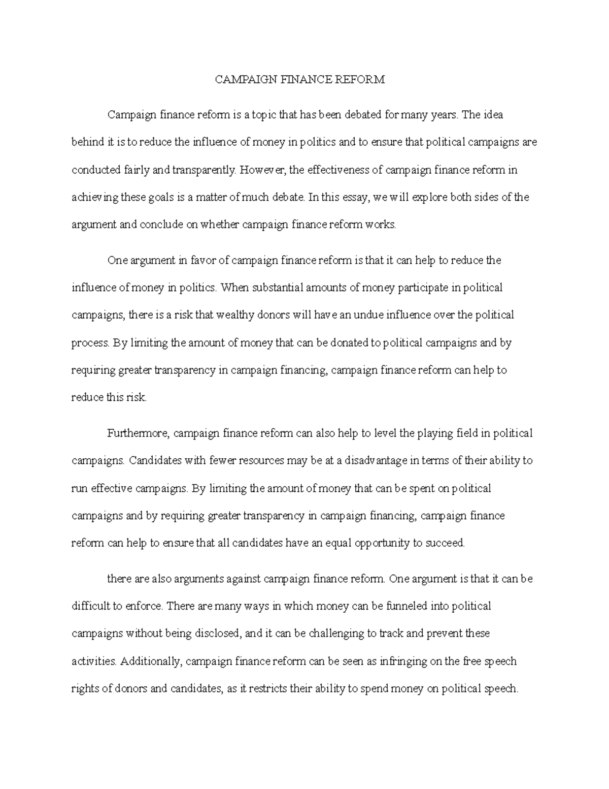 Campaign Finance Reform - CAMPAIGN FINANCE REFORM Campaign finance ...