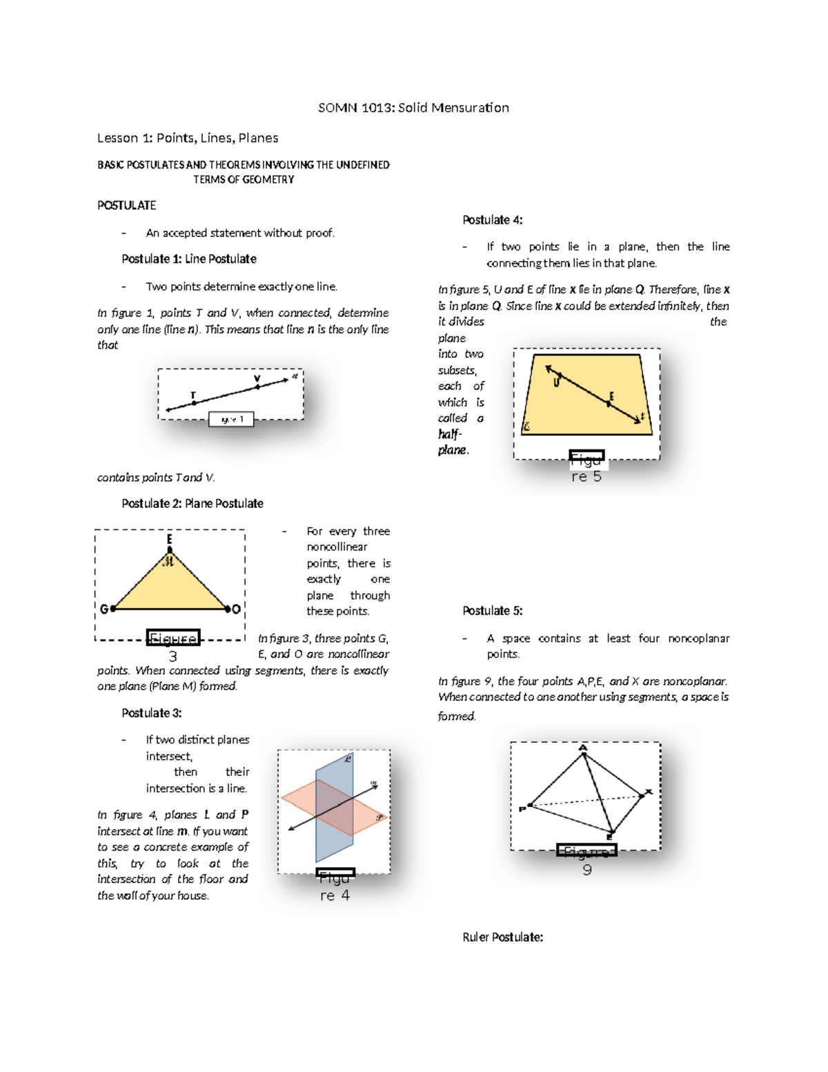 Solid Mens - Lesson 1 - SOMN 1013: Solid Mensuration Lesson 1: Points, Lines, Planes BASIC - Studocu