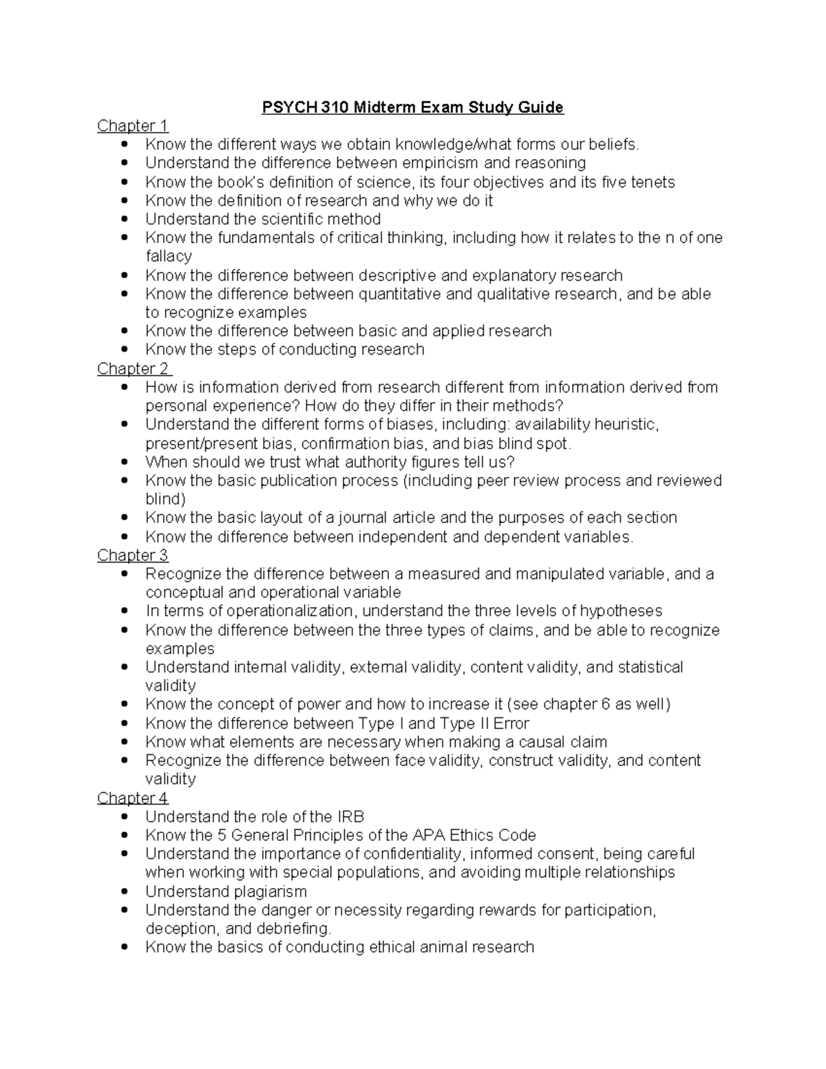 PSYCH 310 Midterm Exam Study Guide - Understand the difference between ...