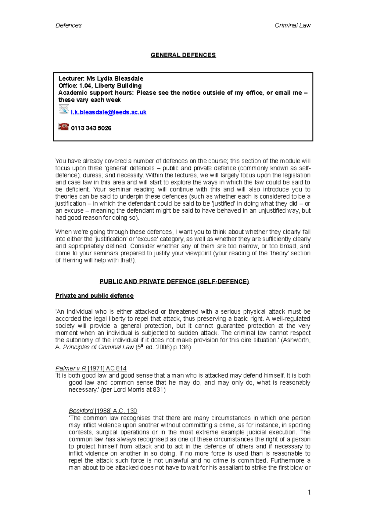 General defences handout - GENERAL DEFENCES You have already covered a ...