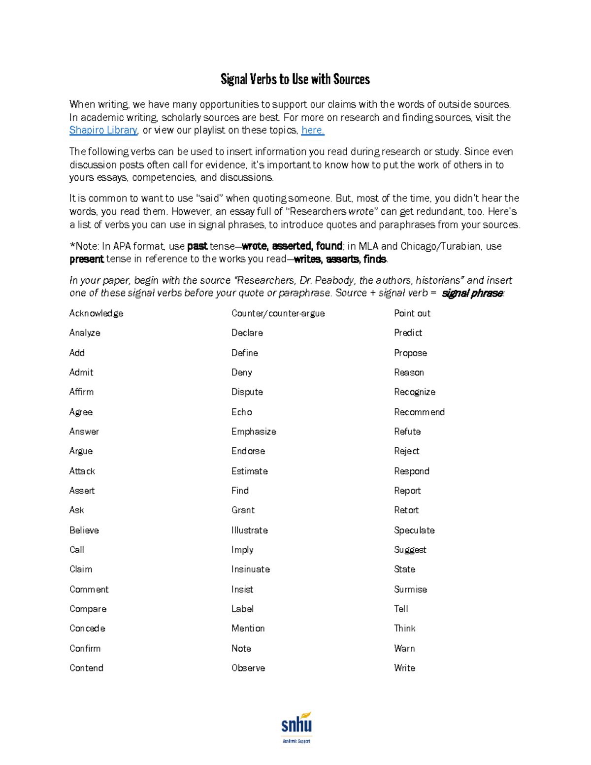 Signal Verbs To Use With Sources Signal Verbs To Use With Sources