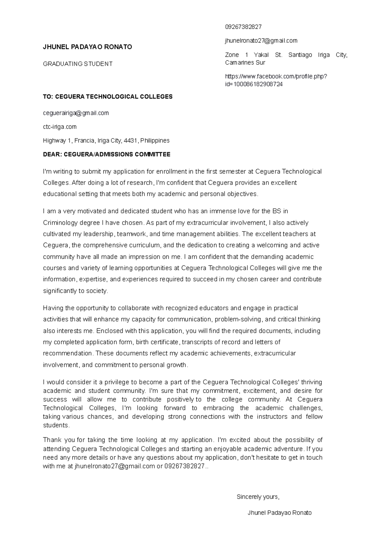 Application letter - JHUNEL PADAYAO RONATO GRADUATING STUDENT TO ...
