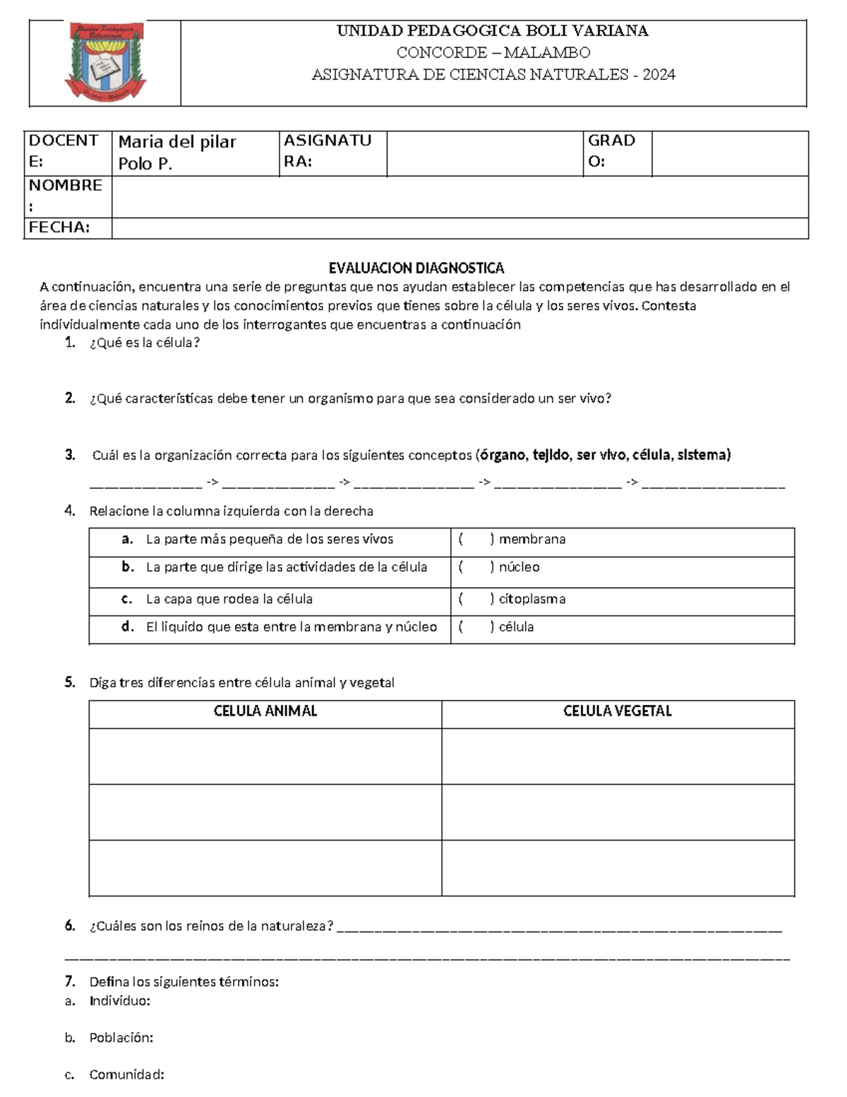 EXAMEN DIAGNOSTICO 6° - UNIDAD PEDAGOGICA BOLI VARIANA CONCORDE ...