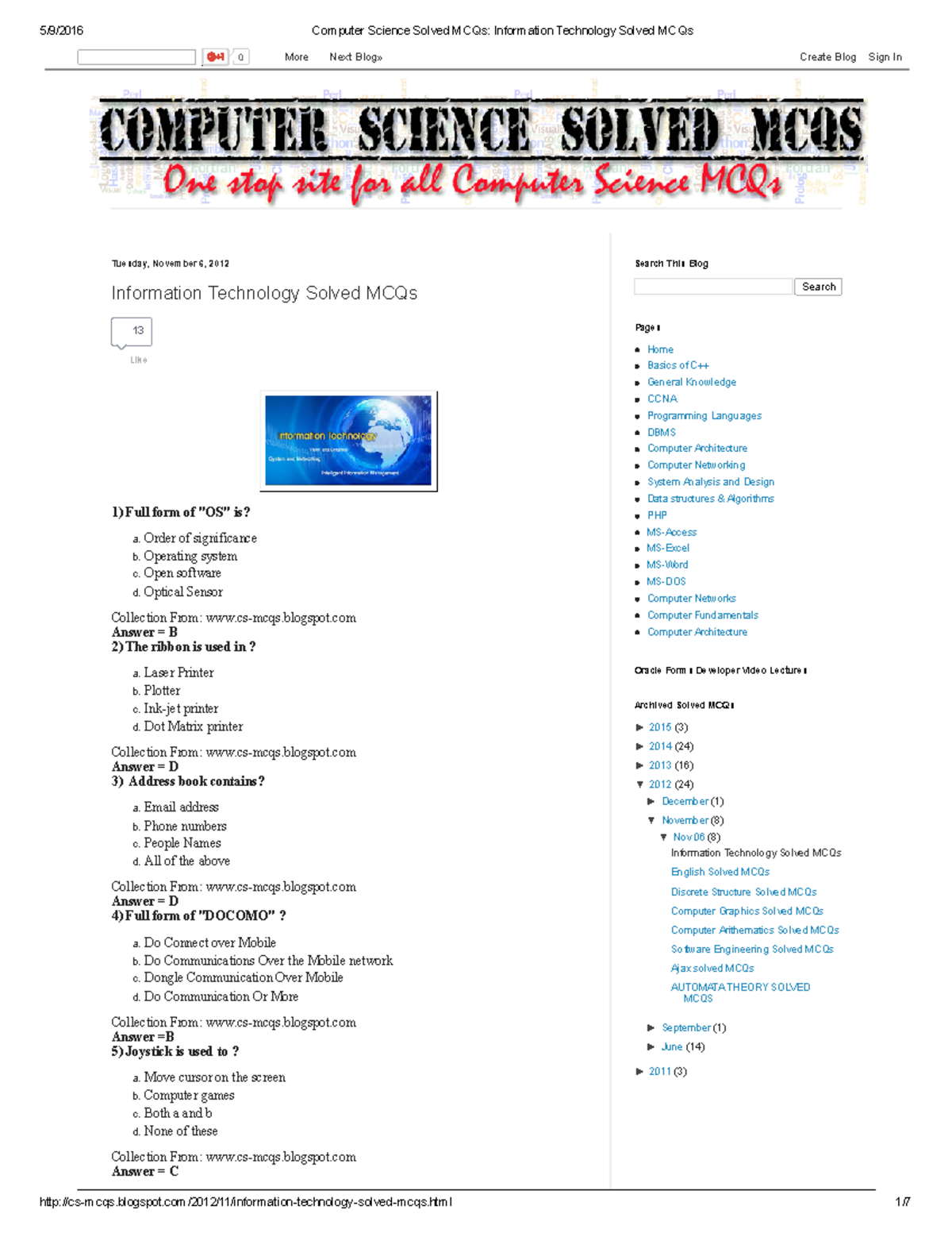 339987014 Computer Science Solved MCQs - Tuesday, November 6 ...