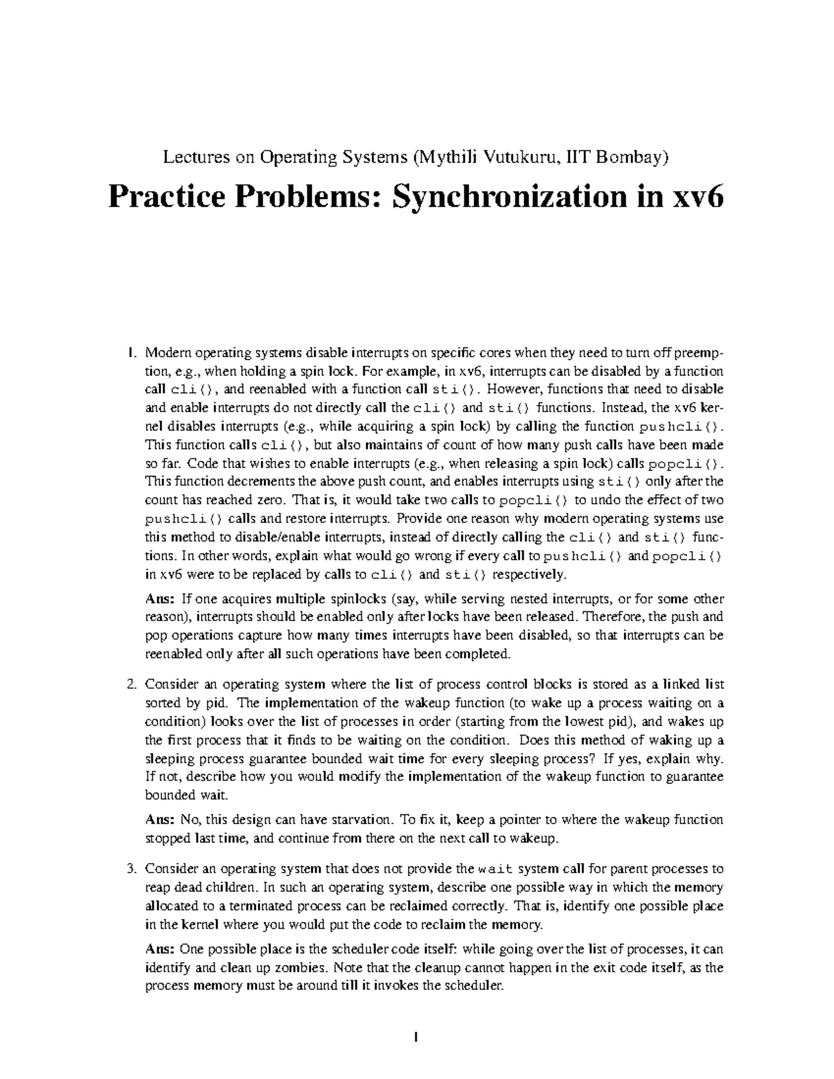 Ps-xv6-sync - Questions on OS - Lectures on Operating Systems (Mythili Vutukuru, IIT Bombay ...
