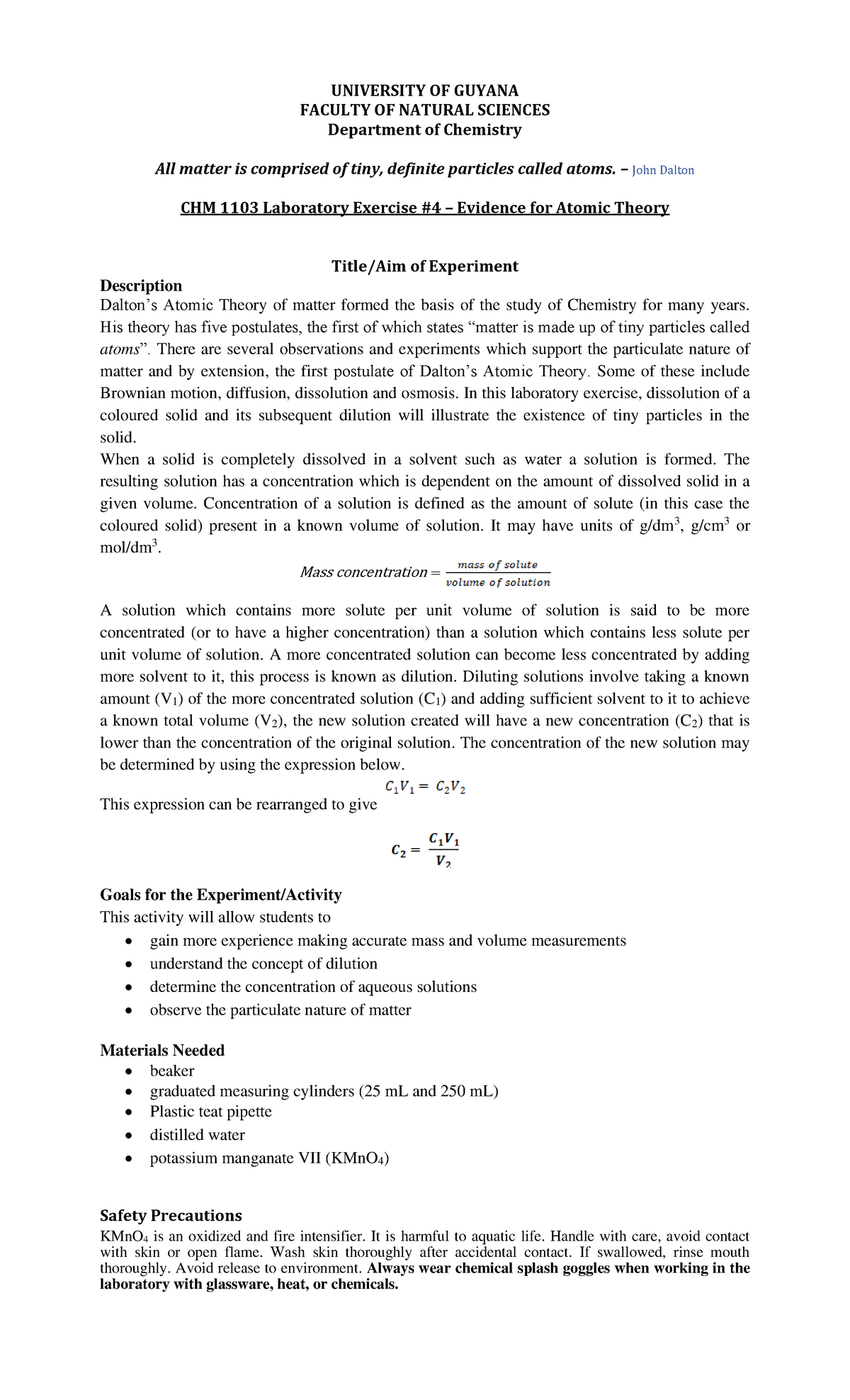 LAB#4 - Atomic Theory Instructions online - UNIVERSITY OF GUYANA FACULTY OF NATURAL SCIENCES ...
