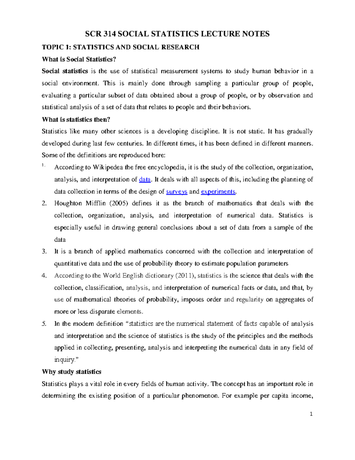 523153547 Scr 314 Social Statistics Lecture Notes 2021 - SCR 314 SOCIAL ...