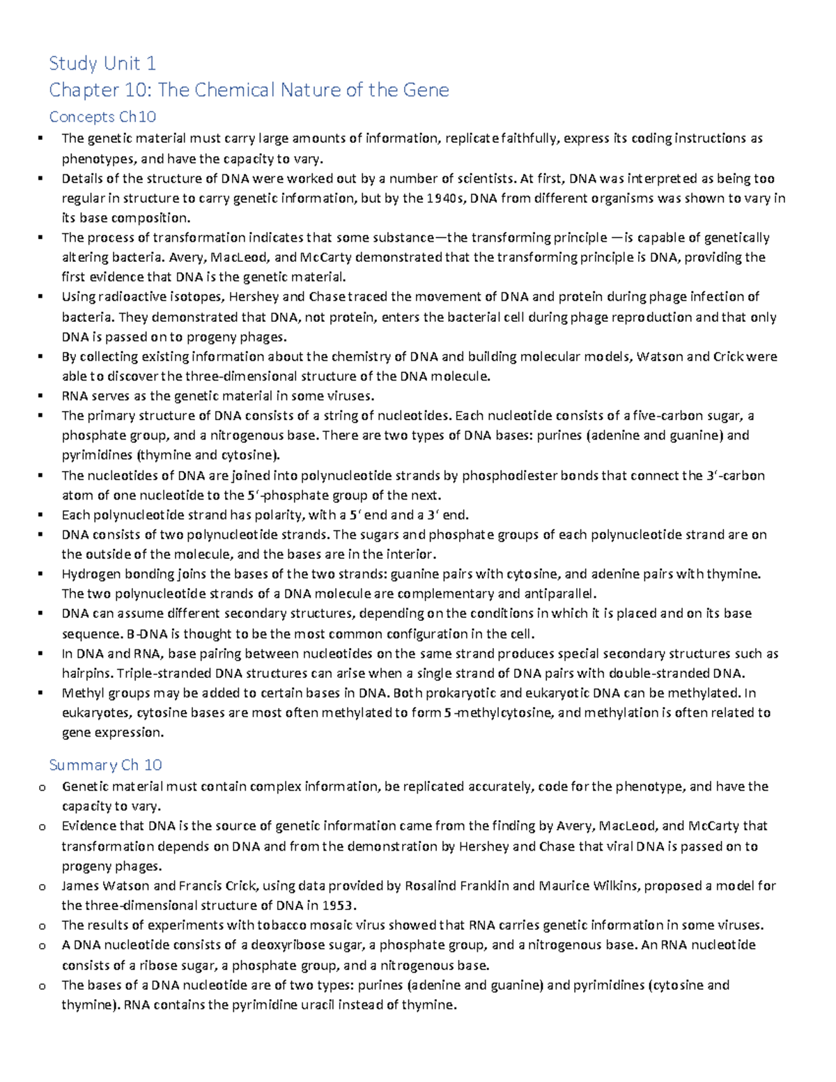 GTS 251 Textbook Summary genetics conceptual approach - Study Unit 1 ...