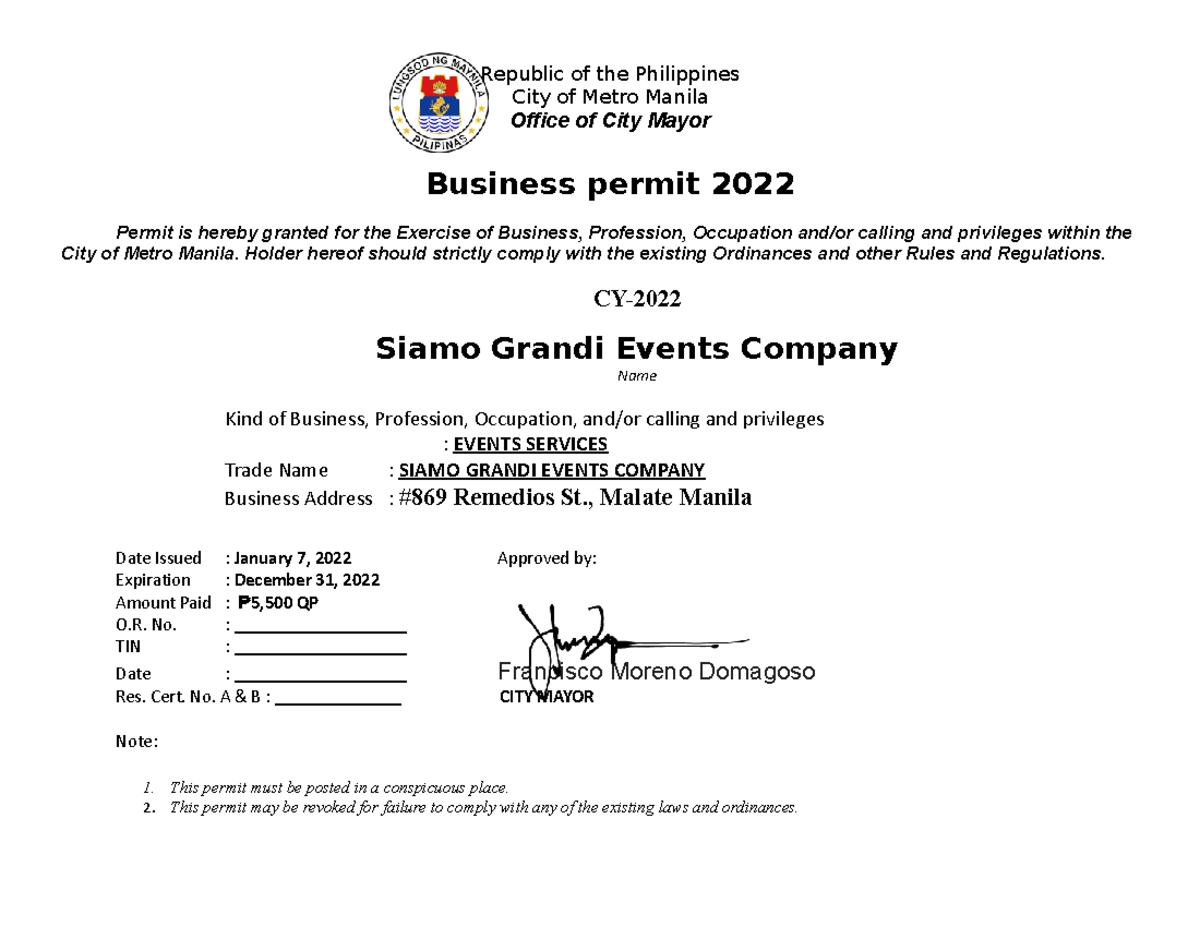 Permit municipality - basis - Republic of the Philippines City of Metro ...