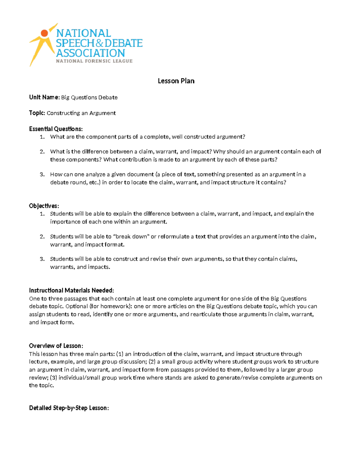 Big Questions Lesson Plan Constructing an Argument - Lesson Plan Unit ...