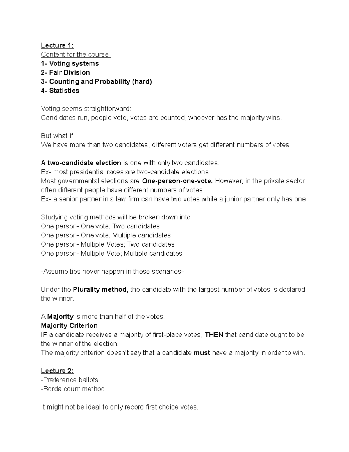 Math 130 notes - Lecture 1: Content for the course 1- Voting systems 2 ...