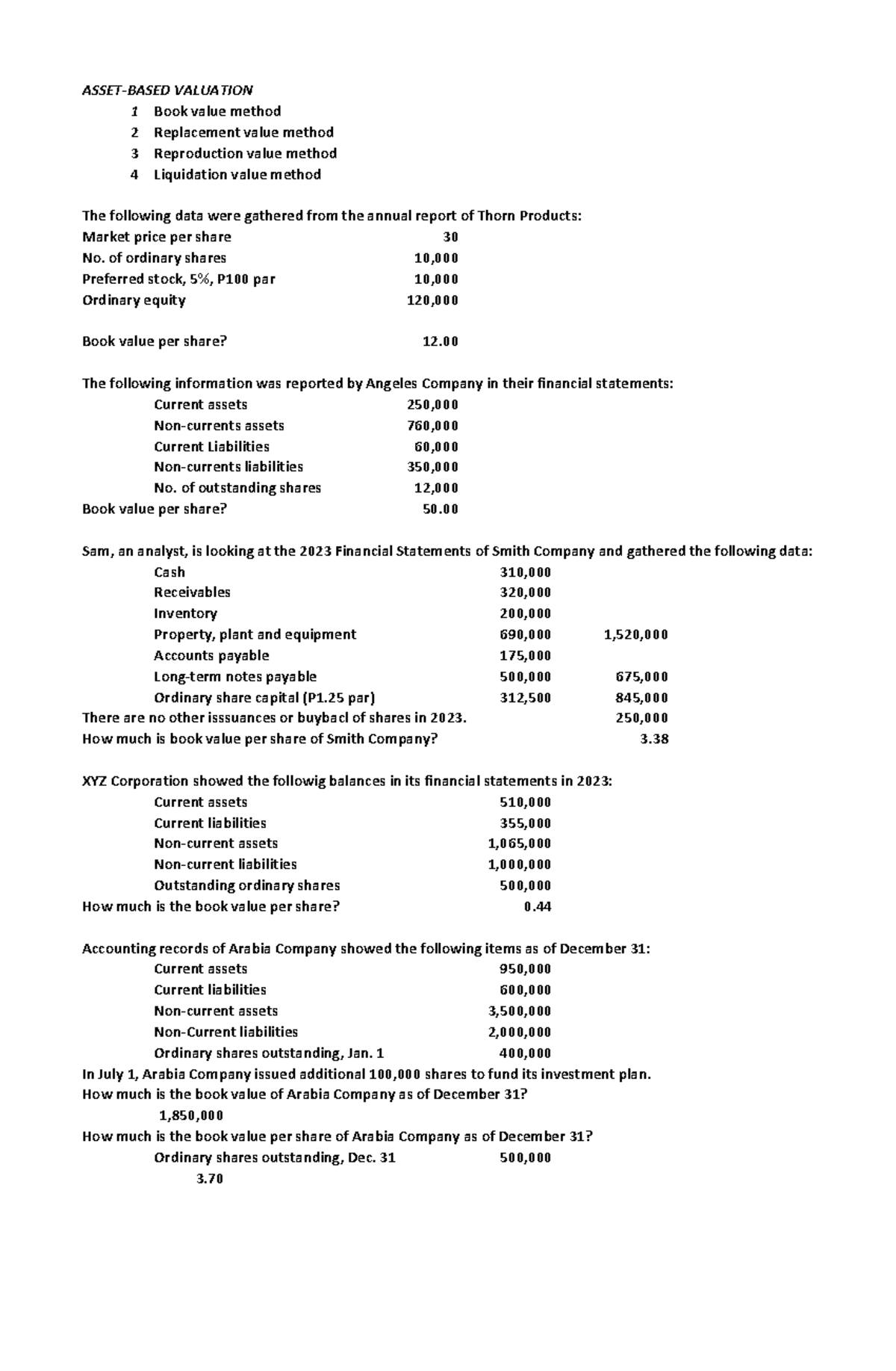Types of Asset Based Valuation - ASSET-BASED VALUATION 1 Book value ...