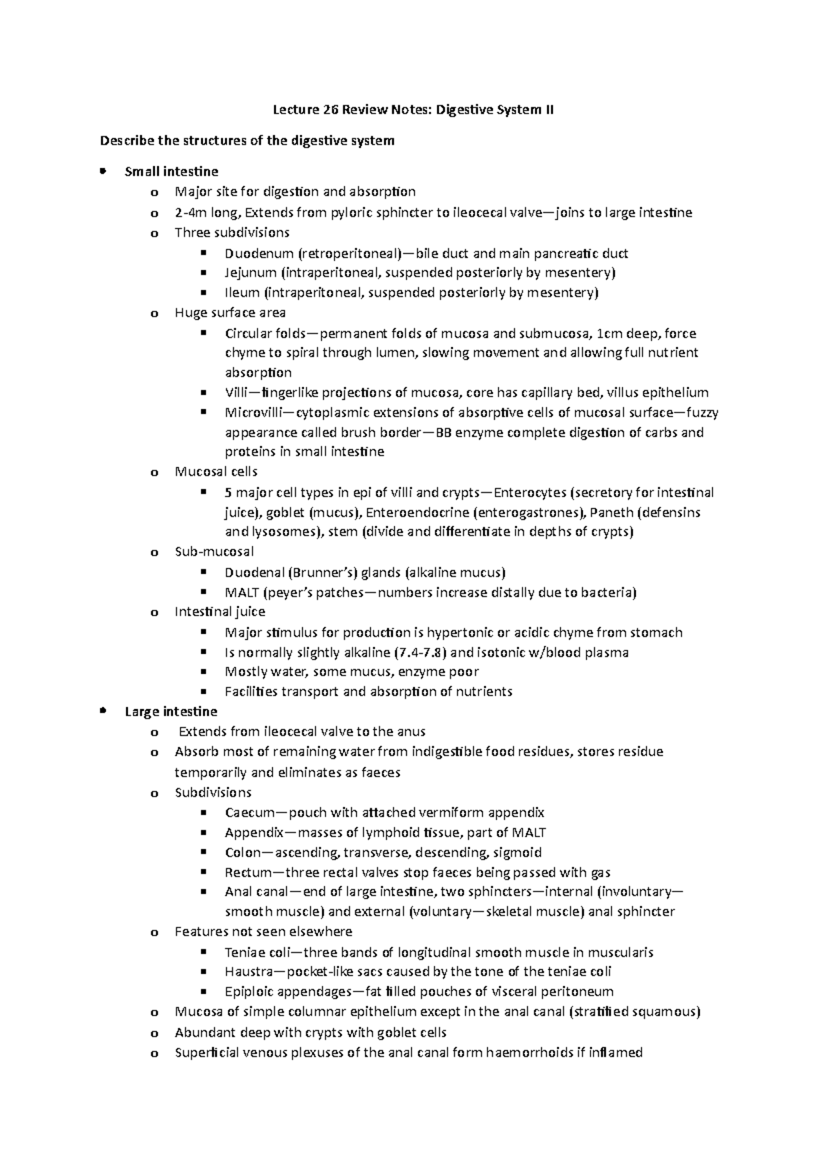 Digestive II: Digestive System - Lecture 26 Review Notes: Digestive ...