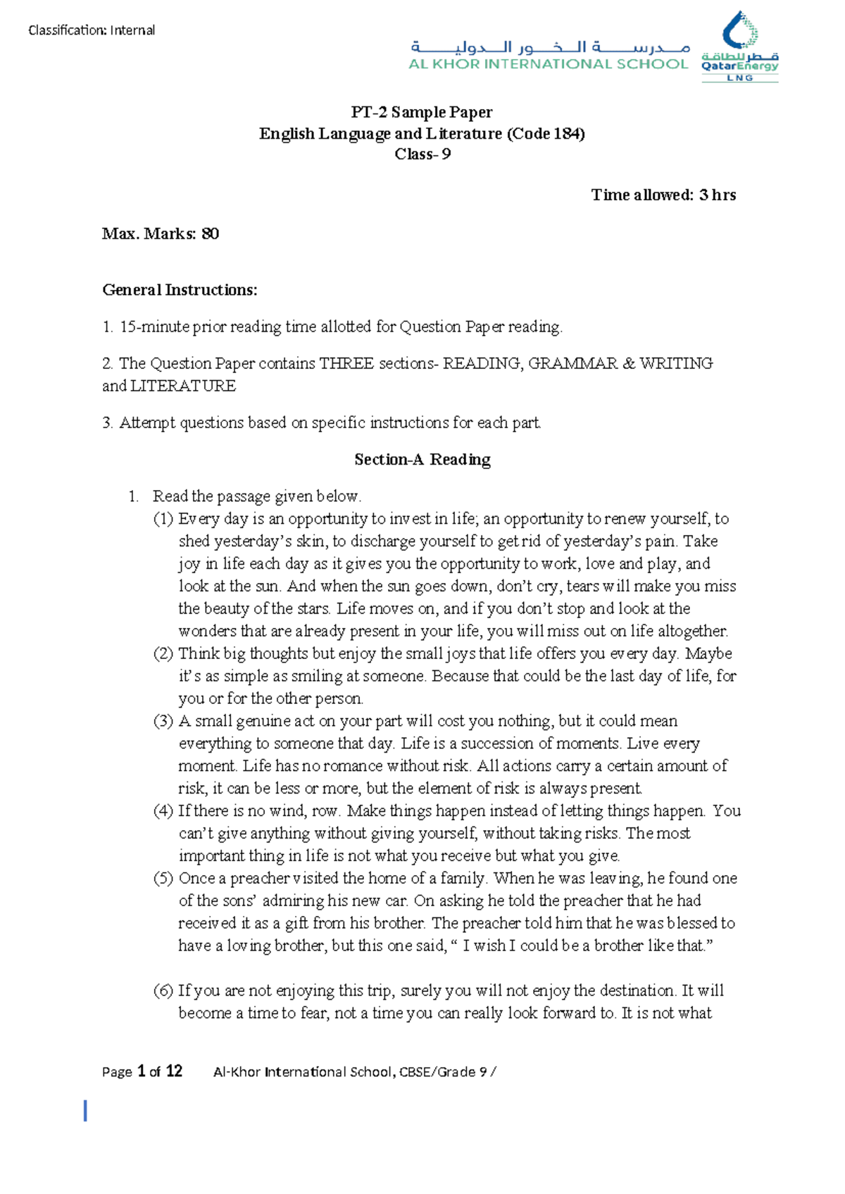 PT2 Grade 9 Sample Paper 2023-24 - PT-2 Sample Paper English Language and Literature (Code 184 ...