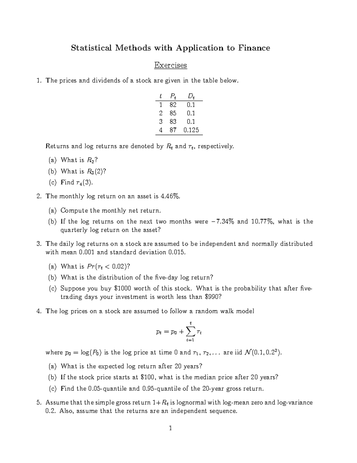 Sample Exercises - Statistical Methods with Application to Finance ...