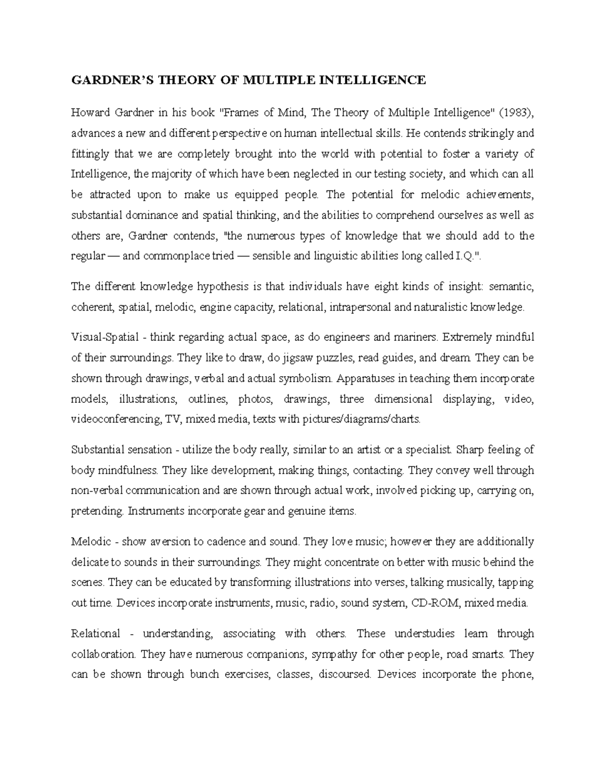 Gardner’S Theory of Multiple Intelligence - GARDNER’S THEORY OF ...