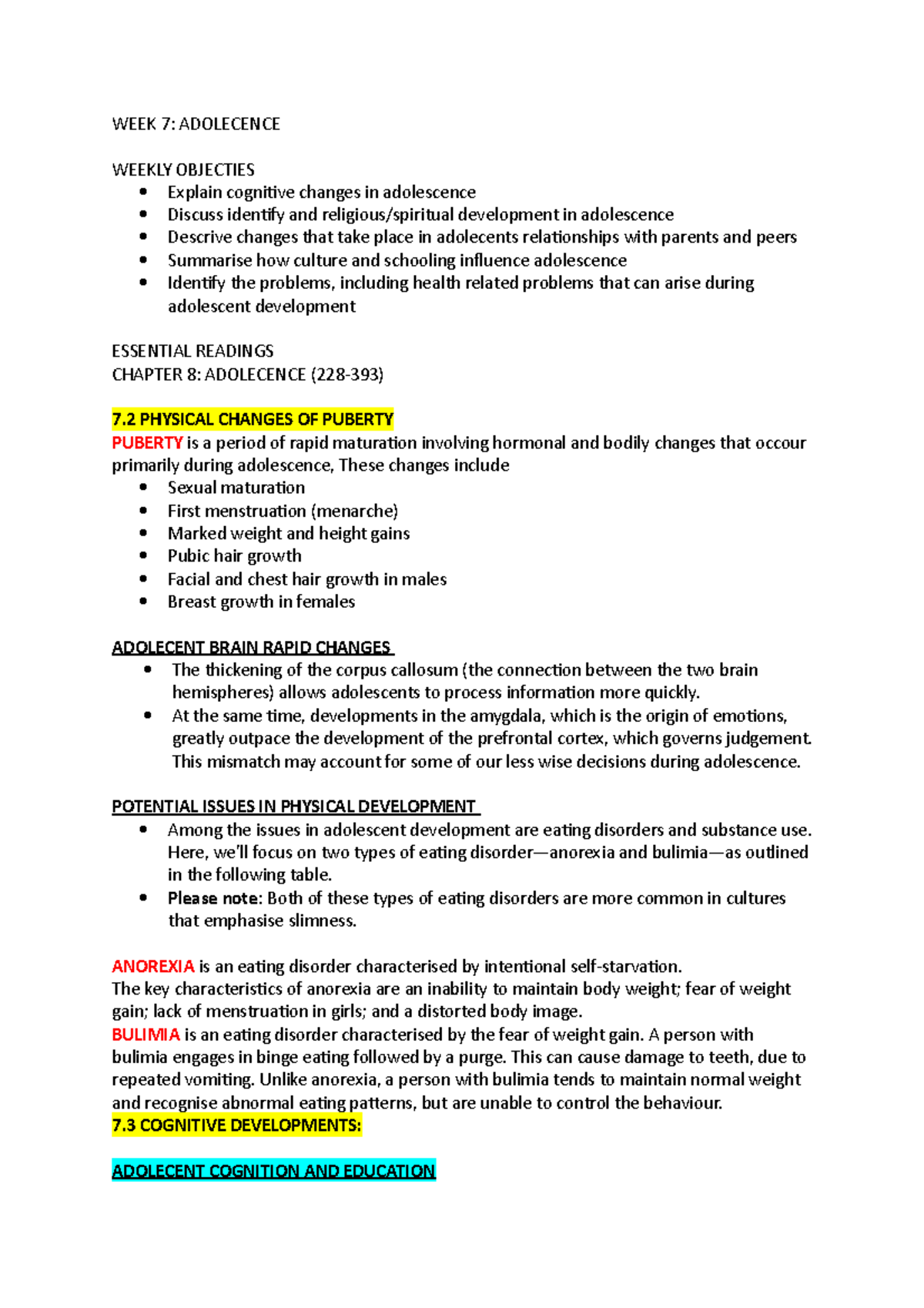 Developmental psych week 7 notes - WEEK 7: ADOLECENCE WEEKLY OBJECTIES ...