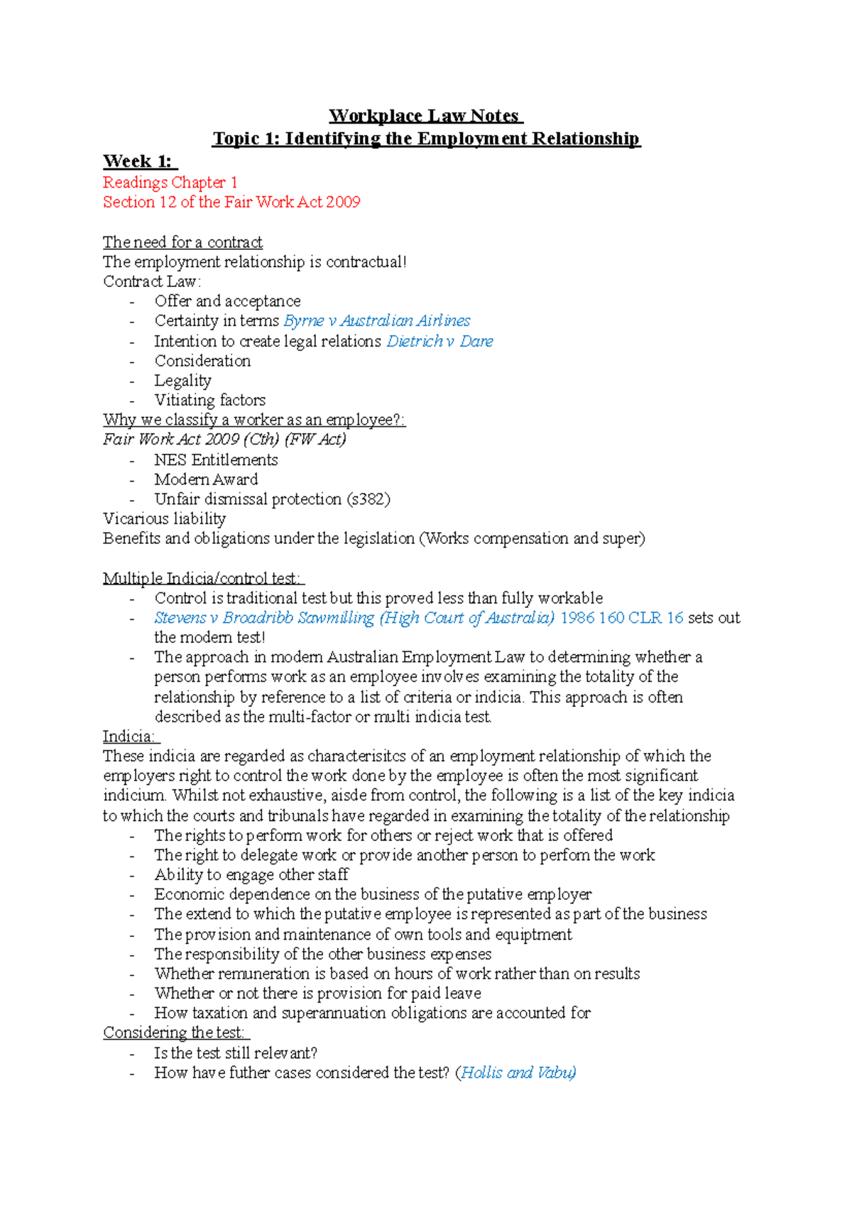 Workplace Law Notes - Workplace Law Notes Topic 1: Identifying the ...