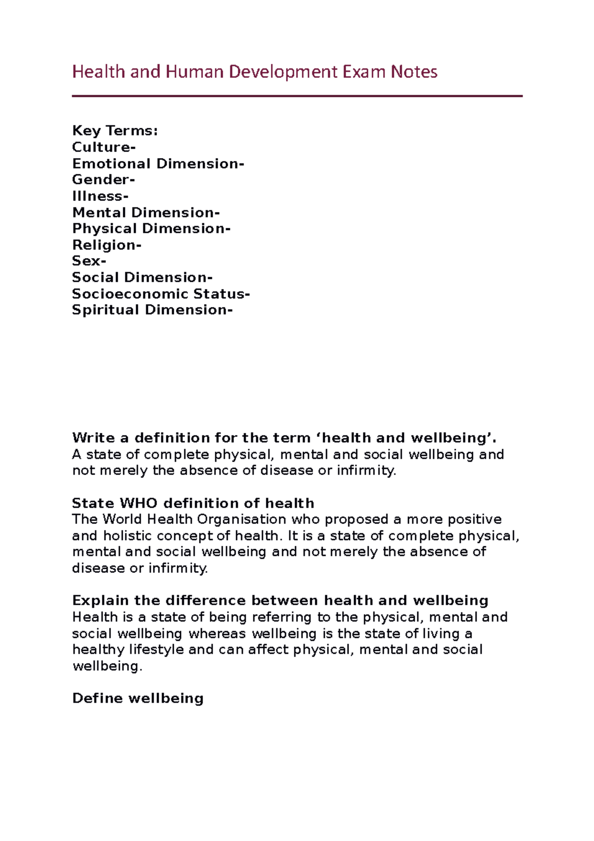 Health and Human Development Exam Notes - A state of complete physical ...
