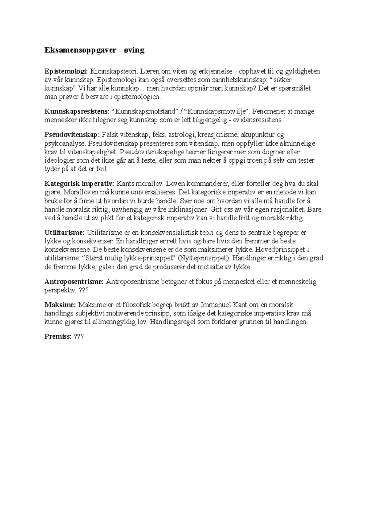Eksamensøving Exphil - Mine notater - Eksamensoppgaver - øving Epistemologi: Kunnskapsteori ...