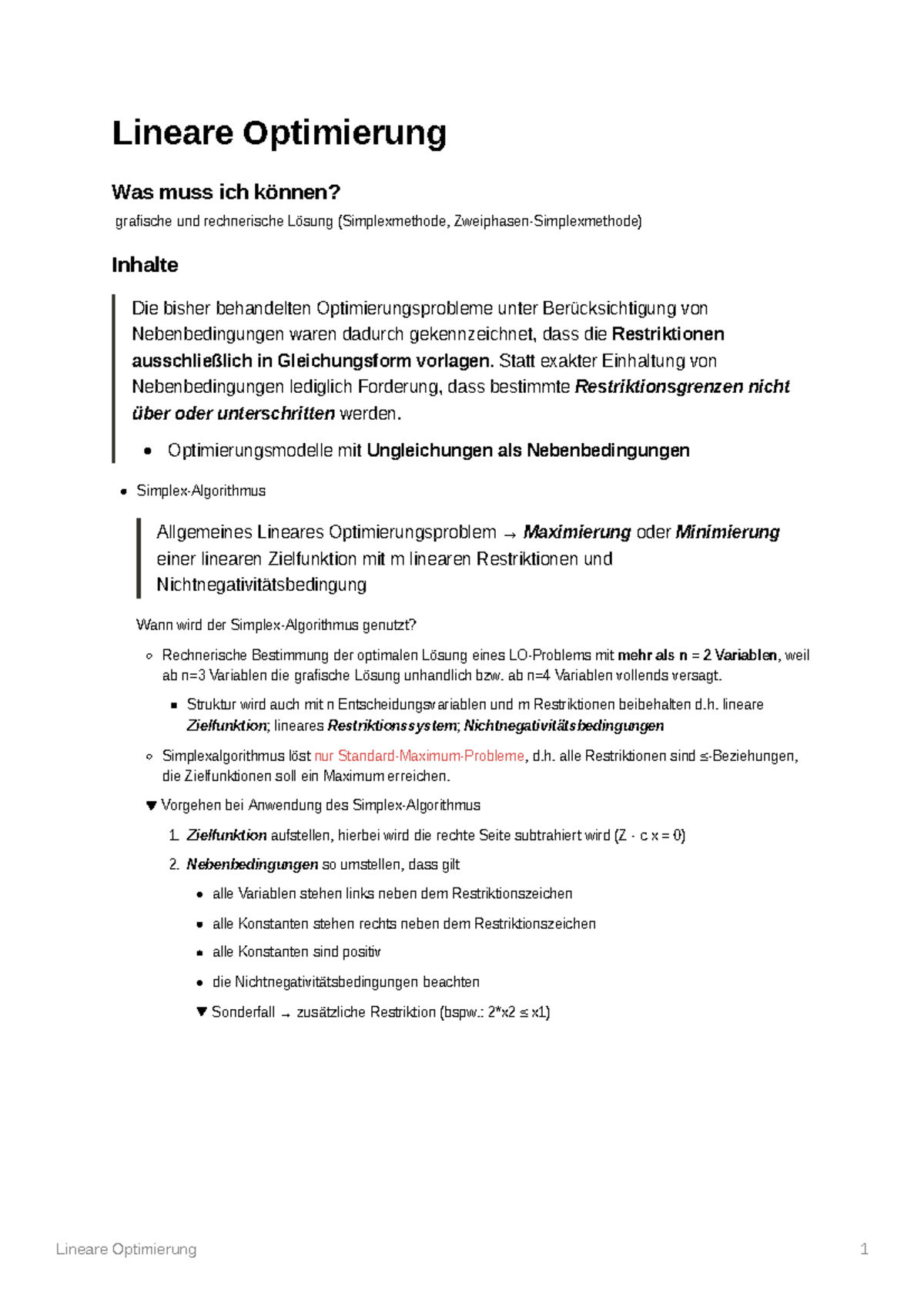 Mathe Lernzettel (4) - Lineare Optimierung Was muss ich können ...