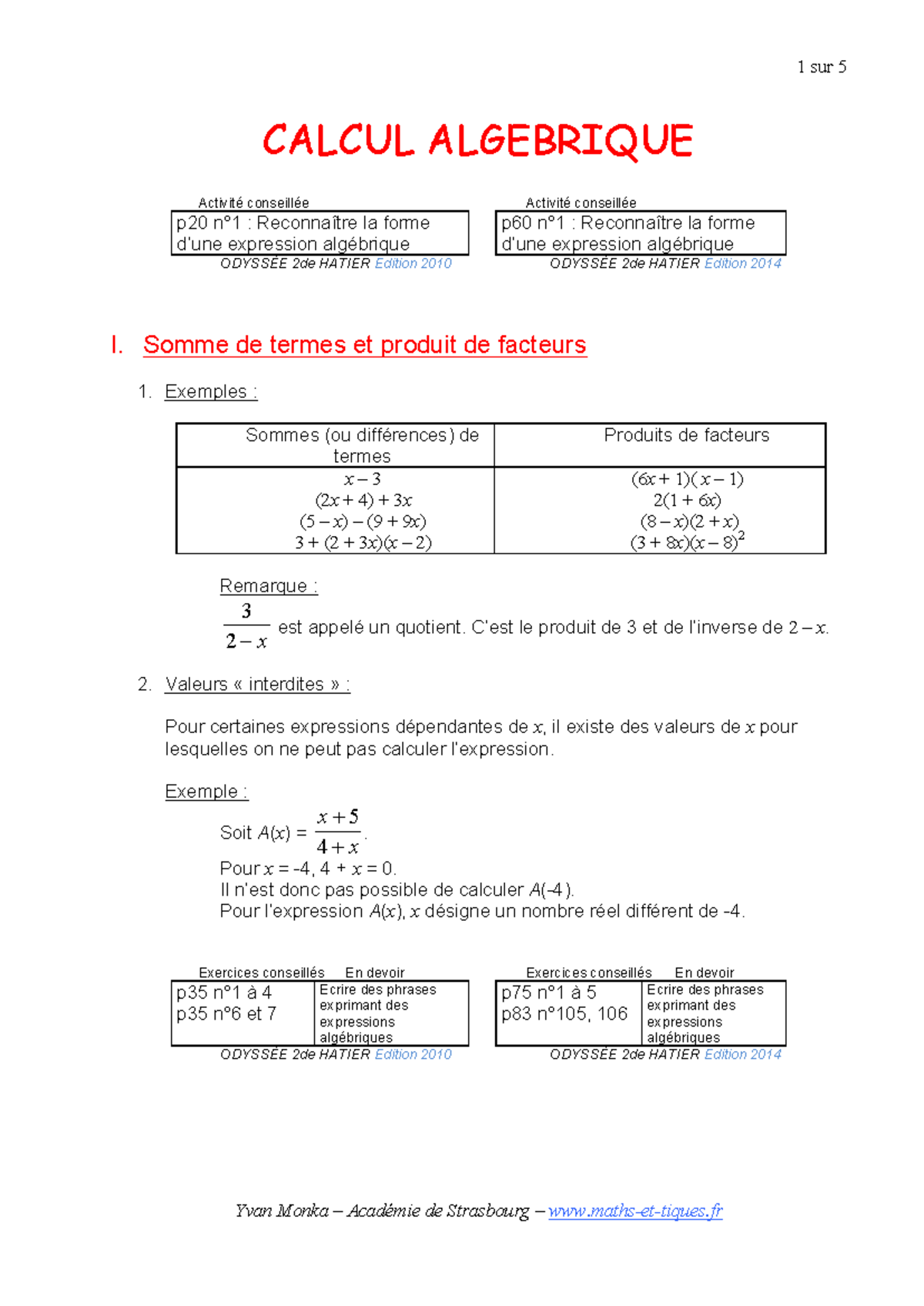 2 Calc algebrique - seconde - CALCUL ALGEBRIQUE Activité conseillée ...