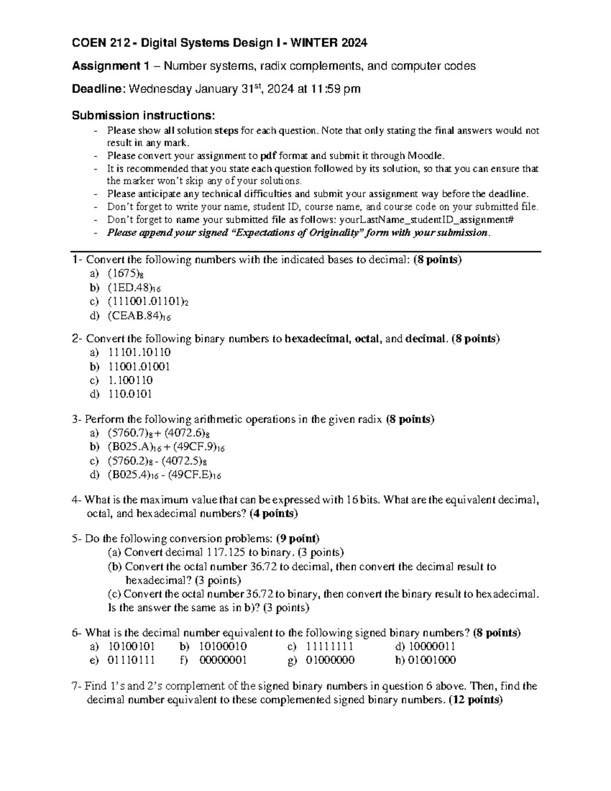 Assignment 1 - practical - COEN 212 - Digital Systems Design I - WINTER ...