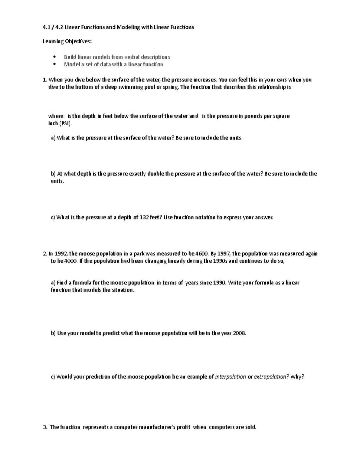 Fifth Activity - 4 / 4 Linear Functions and Modeling with Linear ...