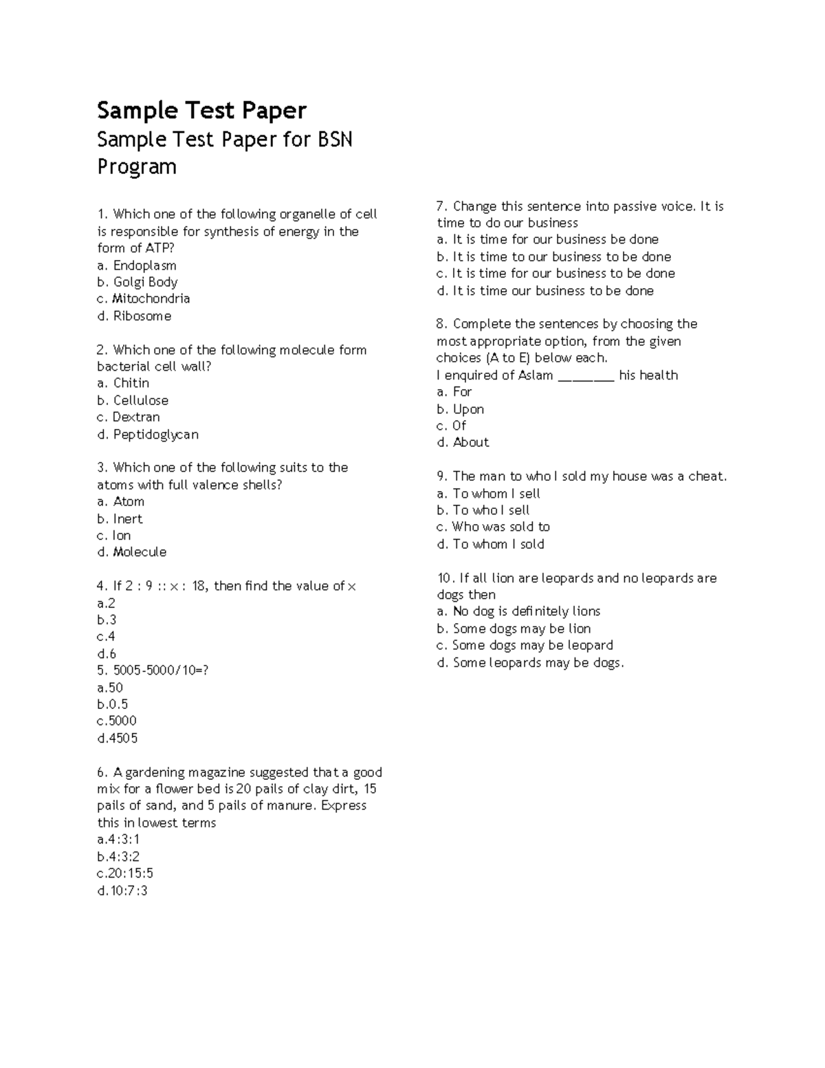 Sample paper BSN spring 2020 - Sample Test Paper Sample Test Paper for ...