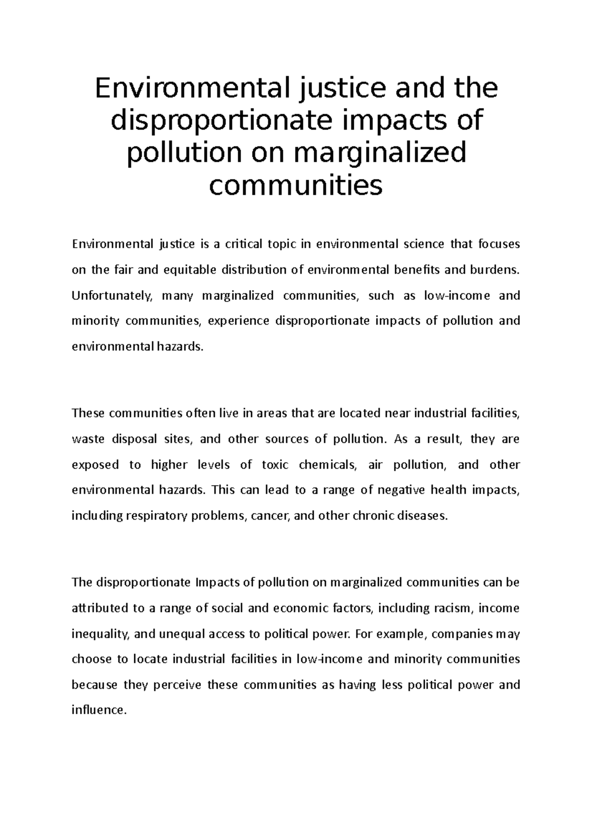 Environmental justice and the disproportionate impacts of pollution on ...