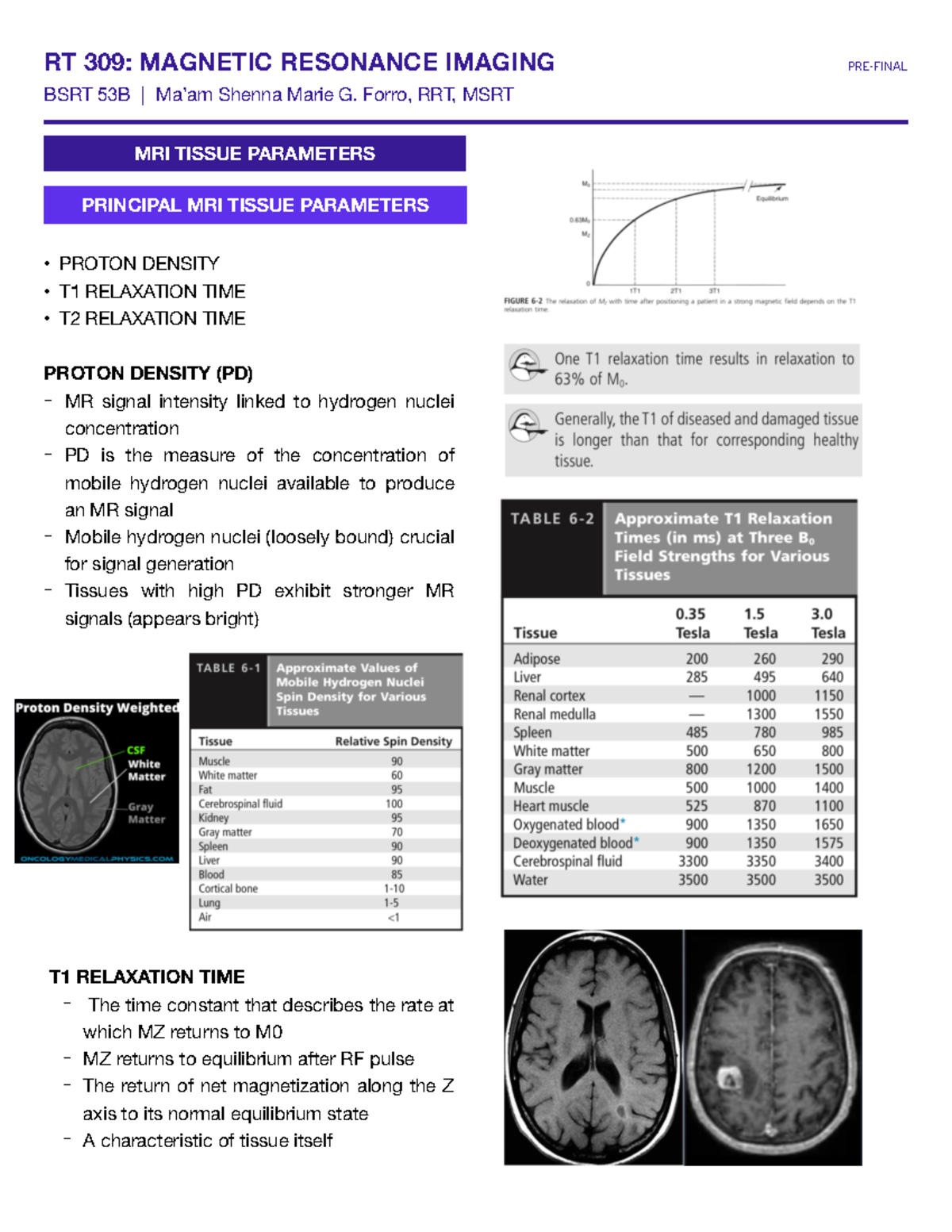 RT 309 Prefinal Topic 1 2 3 - • PROTON DENSITY • T1 RELAXATION TIME ...