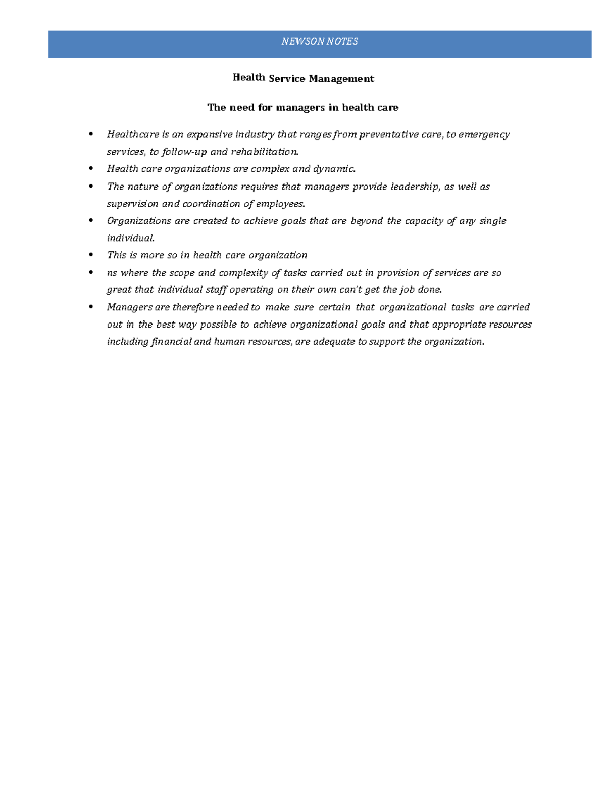 Health Service Management-HSM - Health Service Management The need for ...