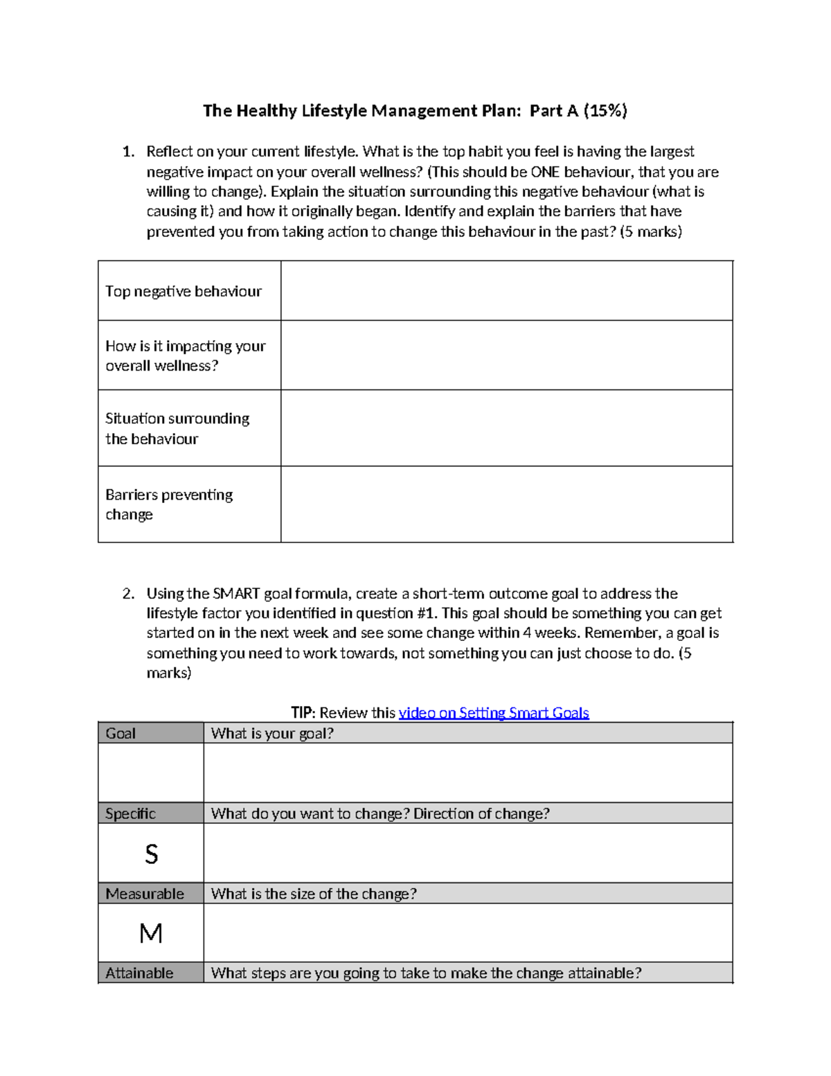 Healthy Lifestyle Management Plan - Part A - Reflect on your current ...