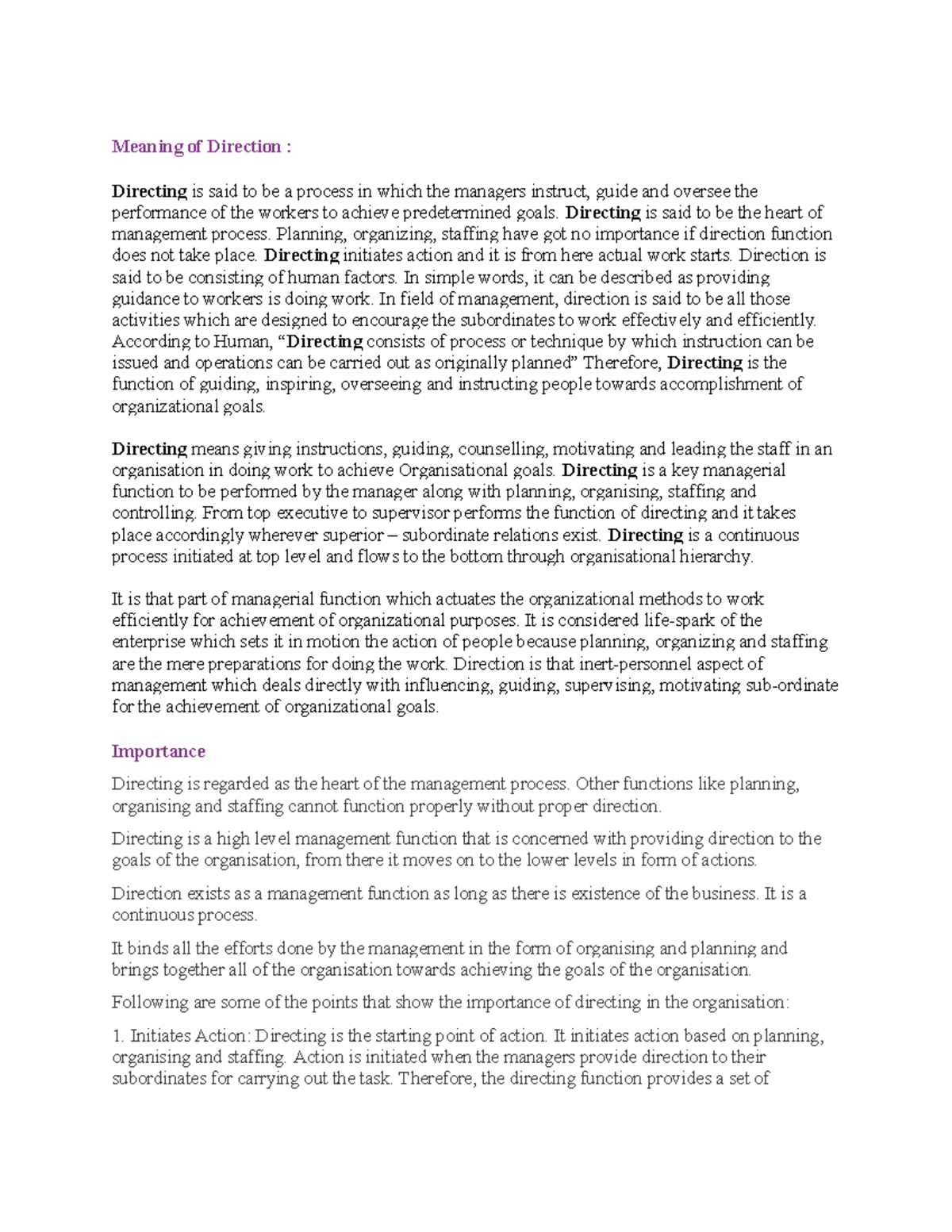 BM chapter 1 - Notes - Meaning of Direction : Directing is said to be a ...