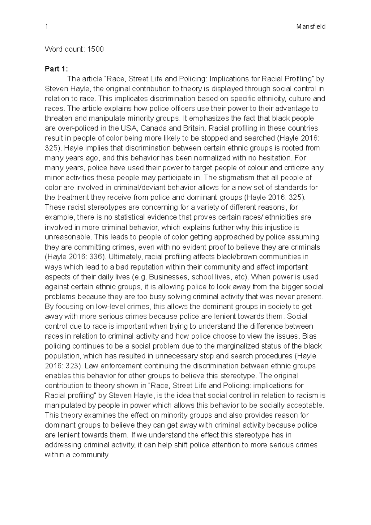 Assign 2 - crime, interperate - 1 Mansfield Word count: 1500 Part 1 ...