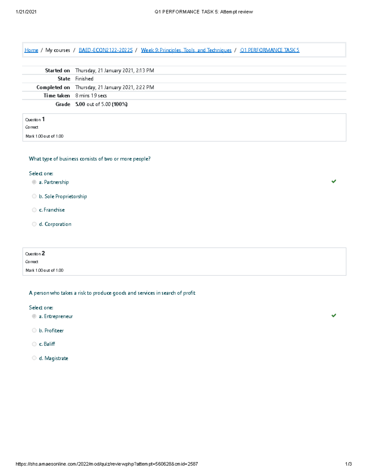 Pdfcoffee - Good luck! - 1/21/2021 Q1 PERFORMANCE TASK 5: Attempt review Home/My courses/ - Studocu