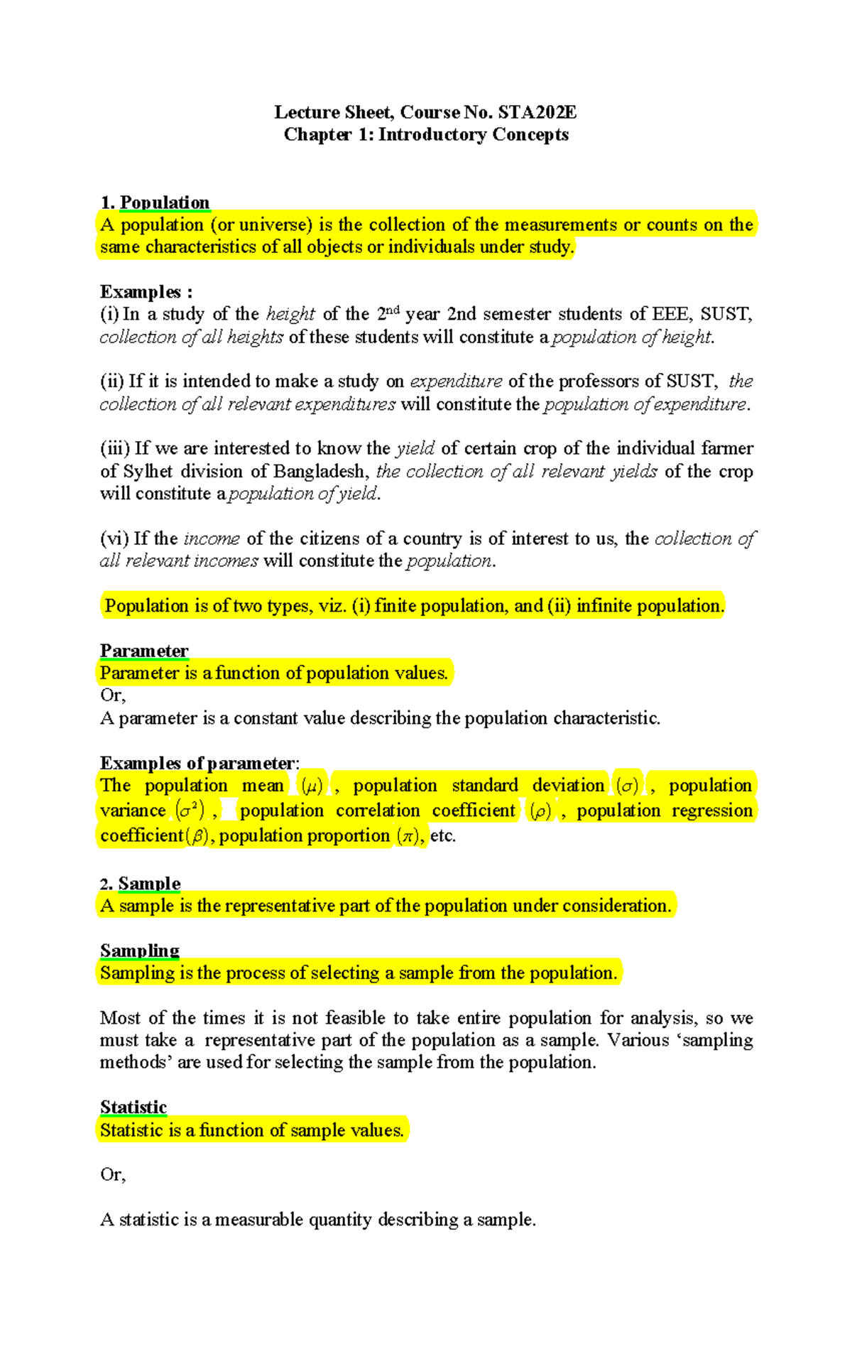 Introductory concepts of Basic Statistics - Lecture Sheet, Course No ...
