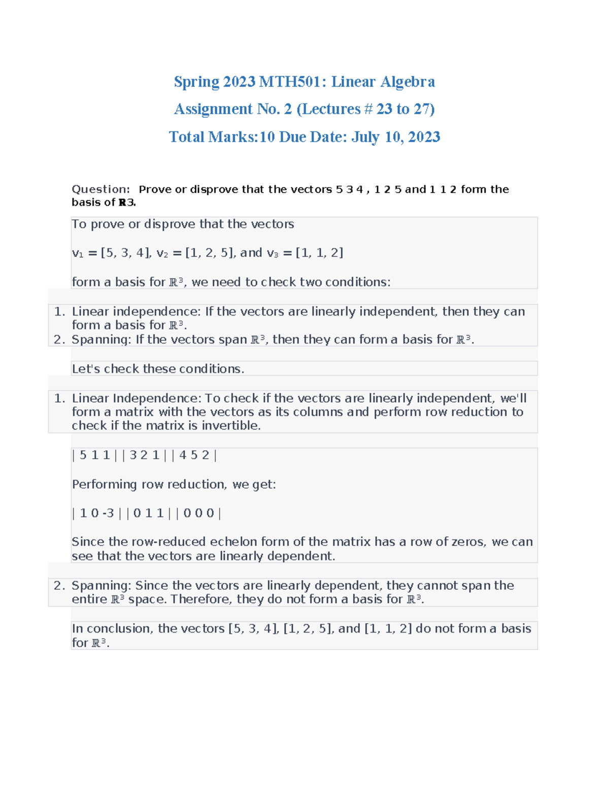 Spring 2023 MTH501 - Spring 2023 MTH501: Linear Algebra Assignment No. 2 (Lectures # 23 to 27 ...