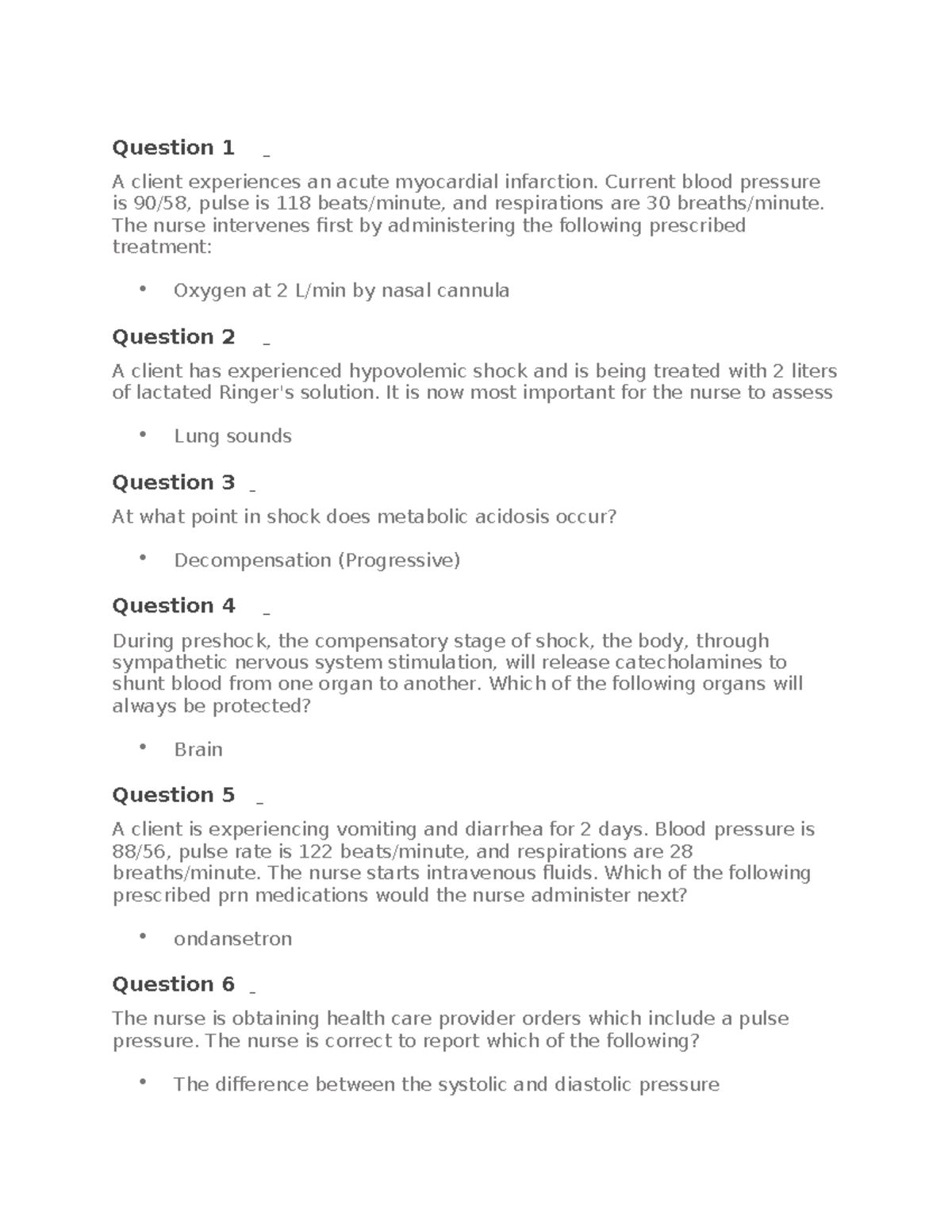 Shock chap 11- p2 - Prep U questions - Question 1 A client experiences ...